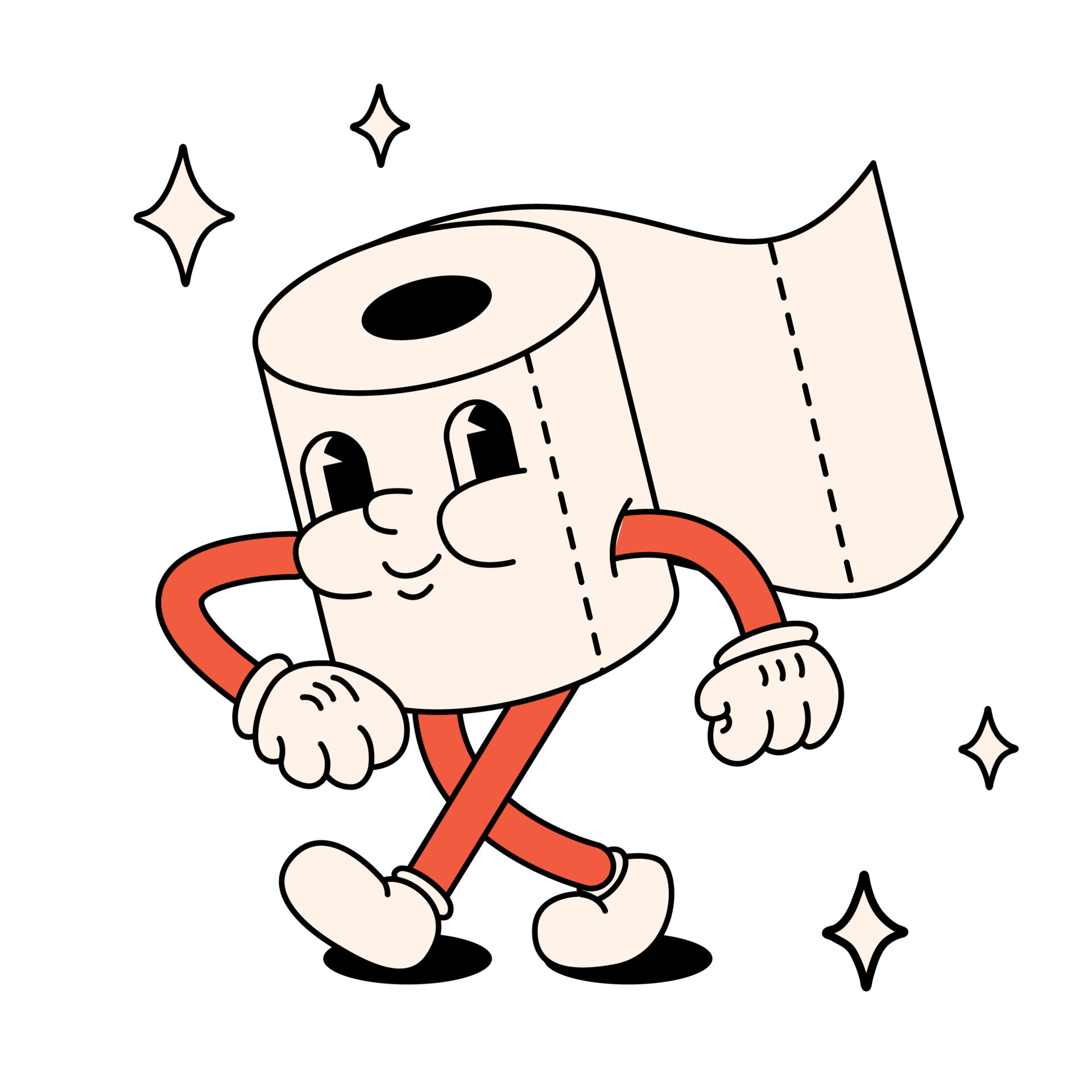 Funny Happy Cartoon Toilet Paper Roll The Style Of The 60s 70s Positive And Good Vibes
