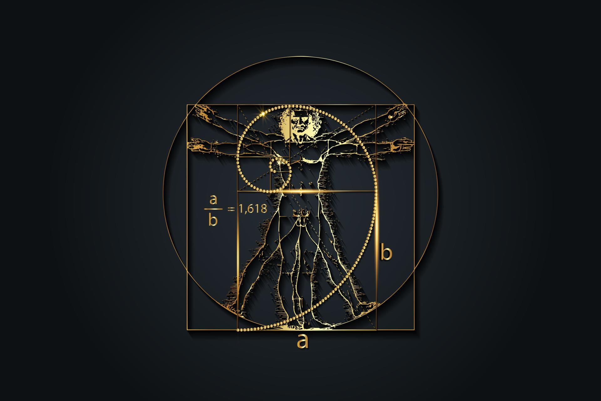 Golden ratio. Fibonacci Sequence number and Vitruvian Man by Leonardo Da Vinci - luxury gold ...
