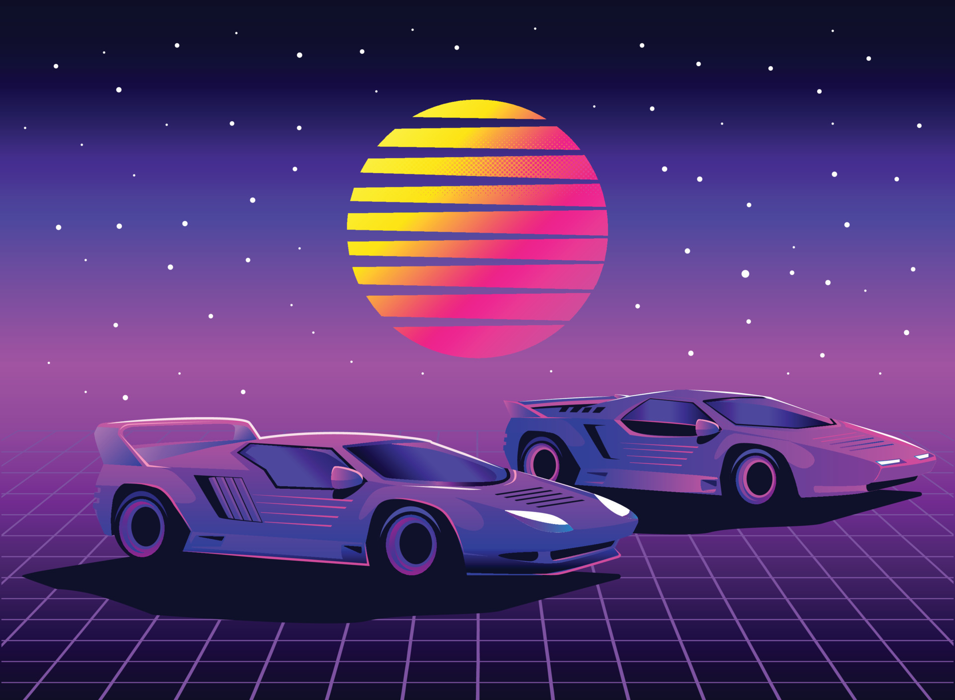 Retro 80s sci-fi futuristic style background with supercar. Vector retro futuristic synthwave ...