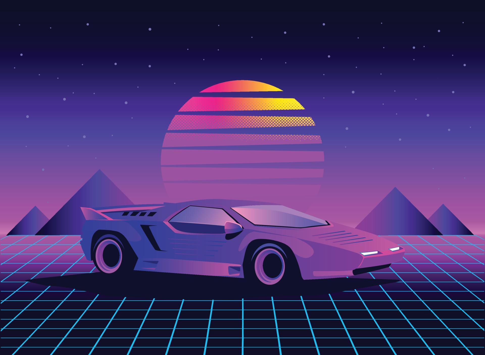 Retro 80s sci-fi futuristic style background with supercar. Vector retro futuristic synthwave ...