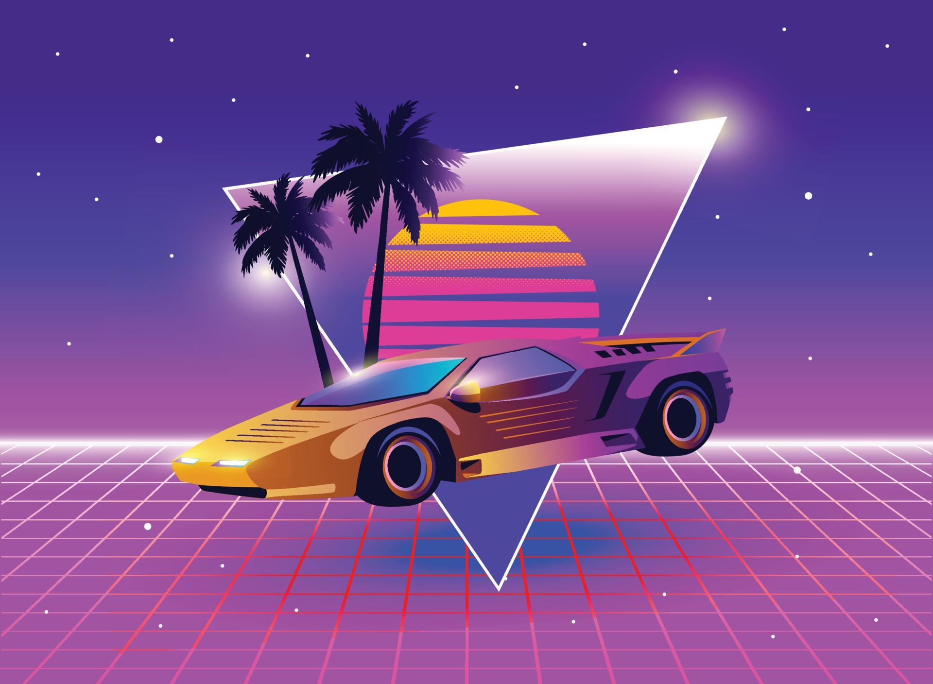 Retro 80s sci-fi futuristic style background with supercar. Vector retro futuristic synthwave ...