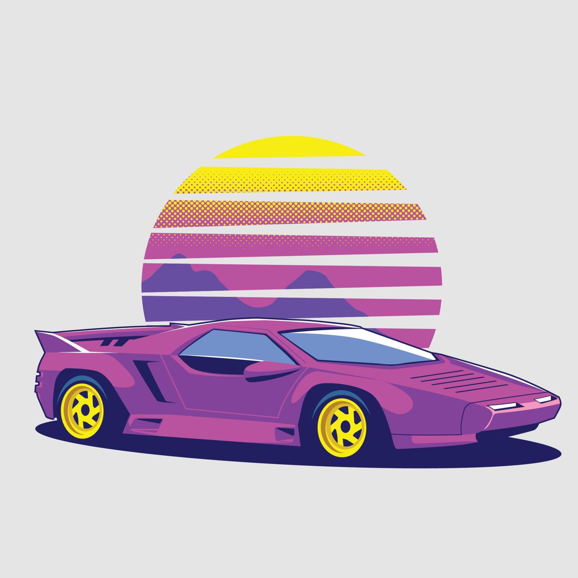 Retro 80s sci-fi futuristic style background with supercar. Vector retro futuristic synthwave ...