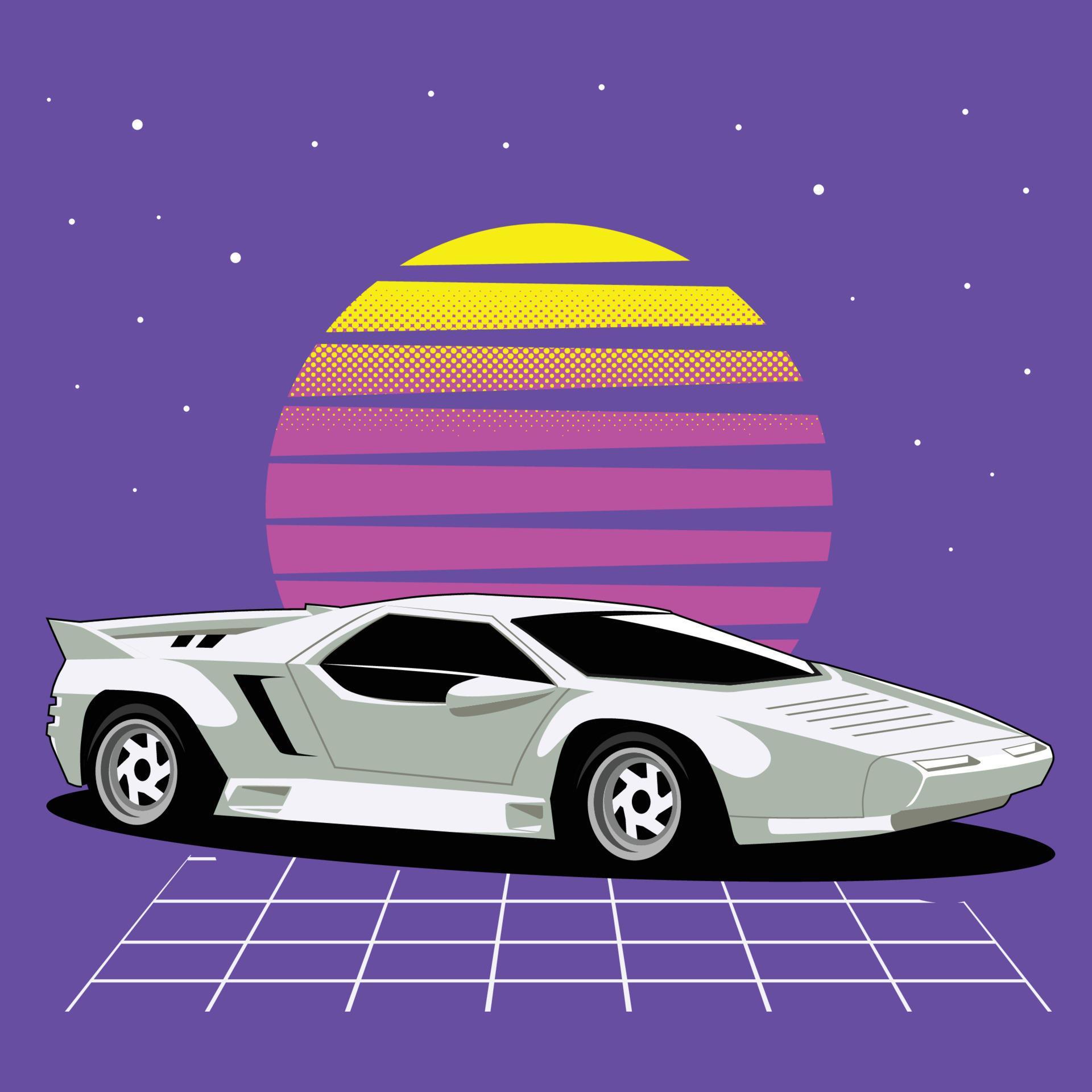 Retro 80s sci-fi futuristic style background with supercar. Vector retro futuristic synthwave ...