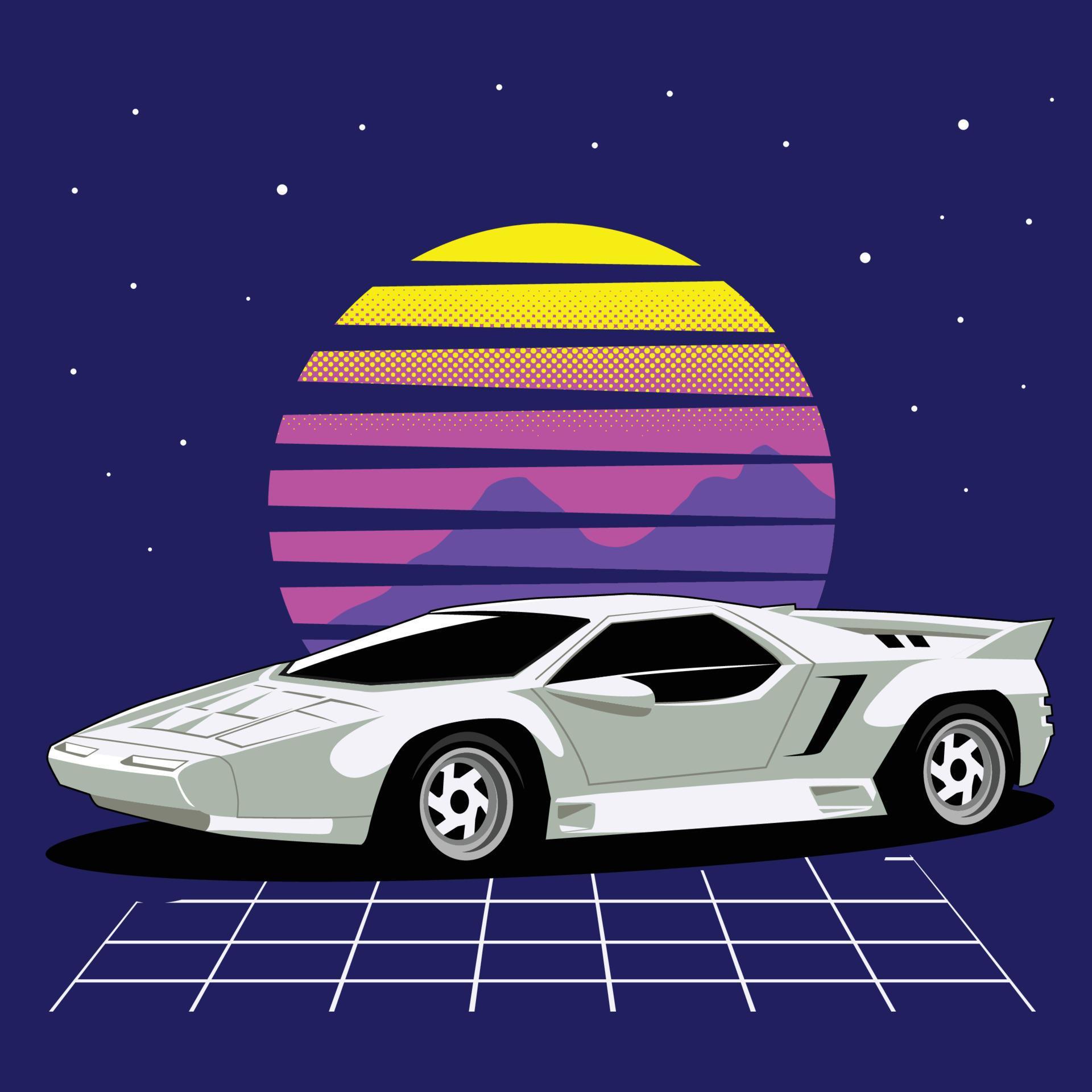 Retro 80s sci-fi futuristic style background with supercar. Vector retro futuristic synthwave ...