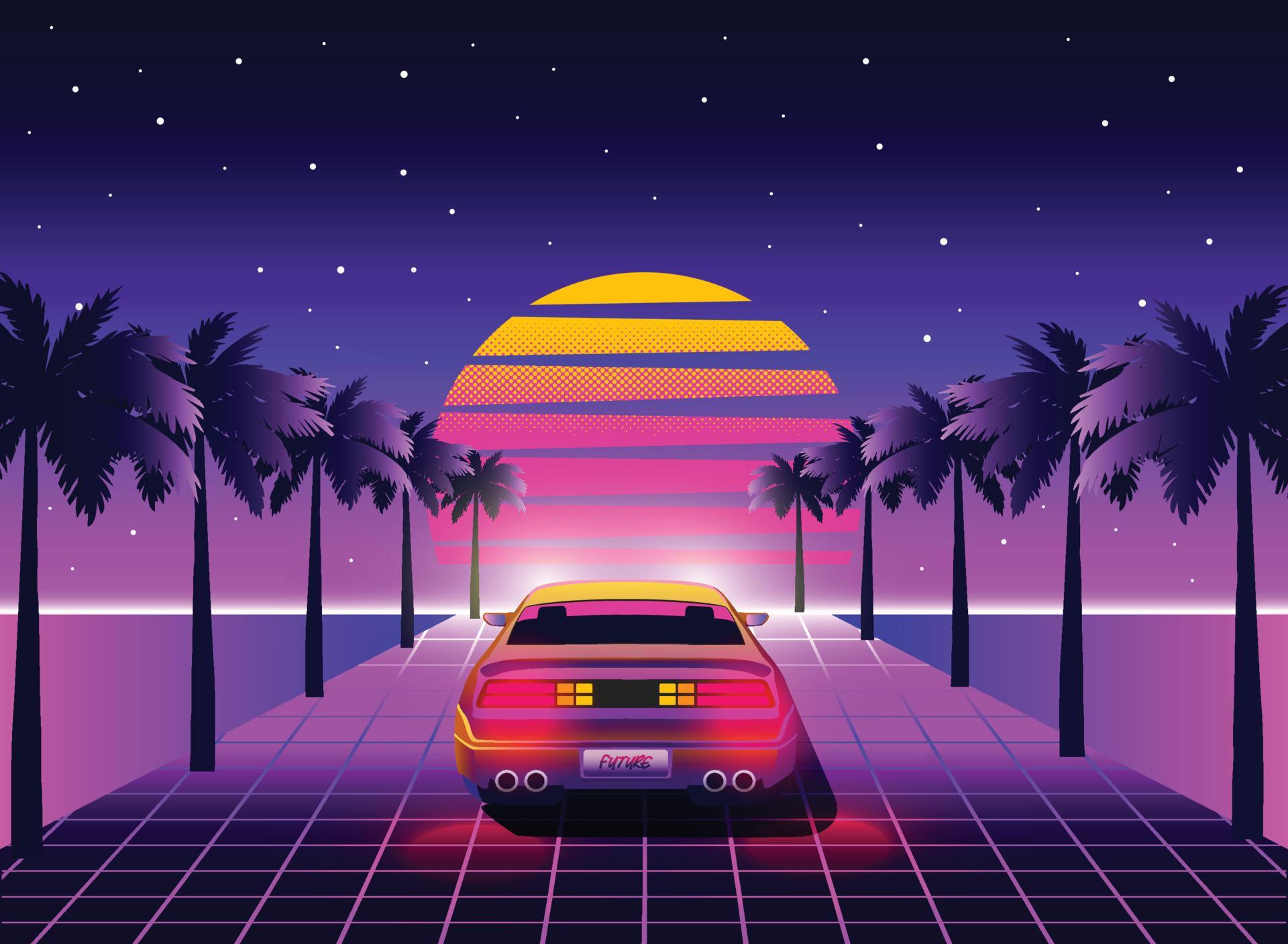 Retro 80s sci-fi futuristic style background with supercar. Vector retro futuristic synthwave ...