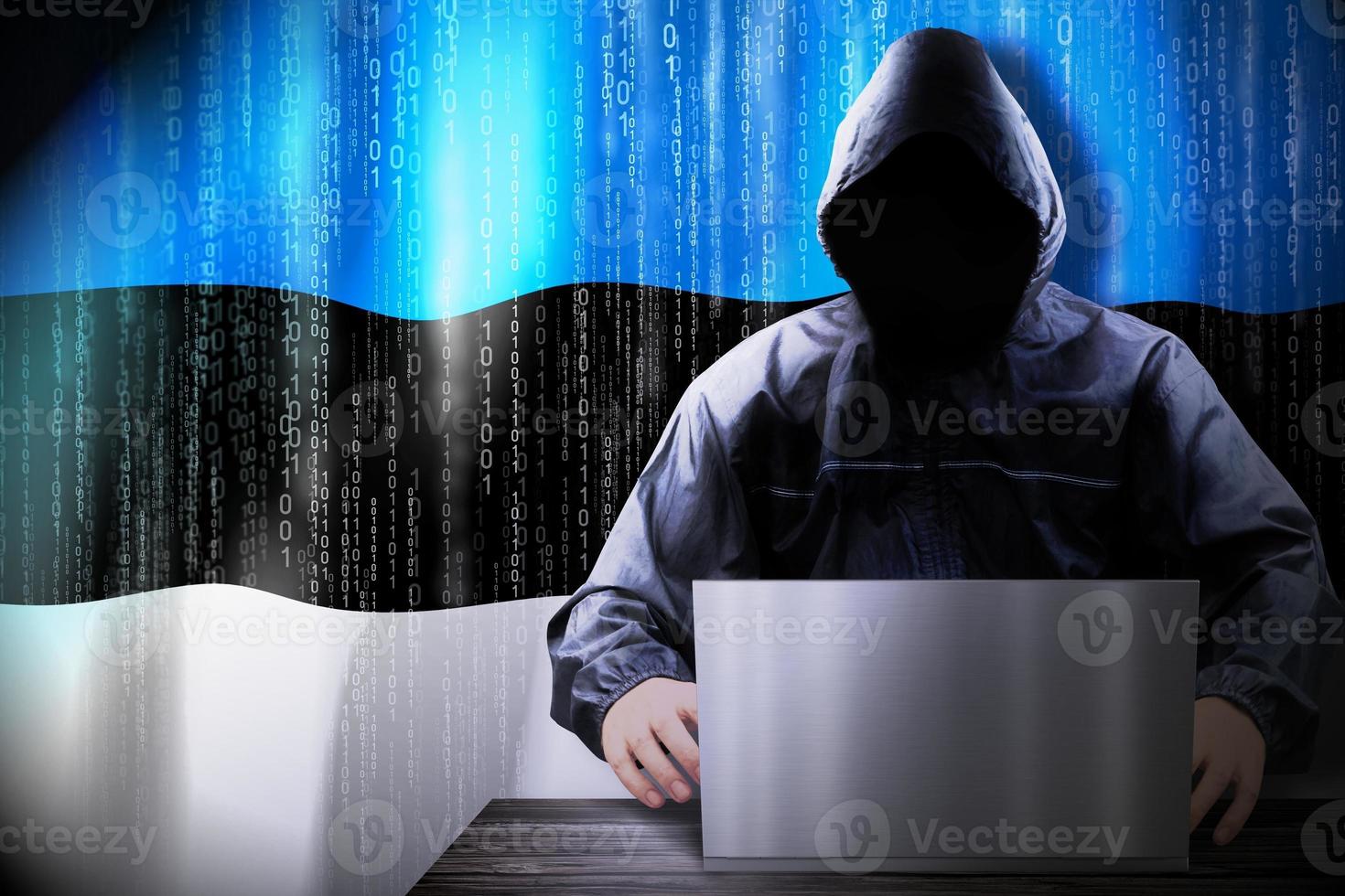 Anonymous Hooded Hacker and Flag Of Estonia, Binary Code - Cyber Attack Concept 21572113 Stock ...