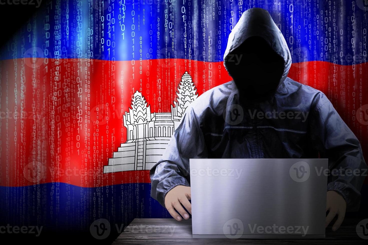 Anonymous Hooded Hacker And Flag Of Cambodia Binary Code Cyber