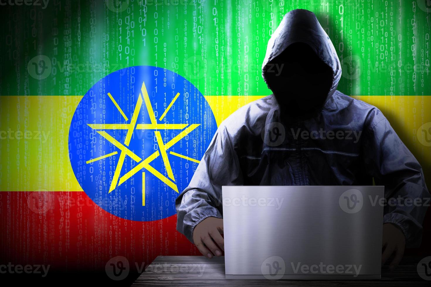 Anonymous Hooded Hacker And Flag Of Ethiopia Binary Code Cyber