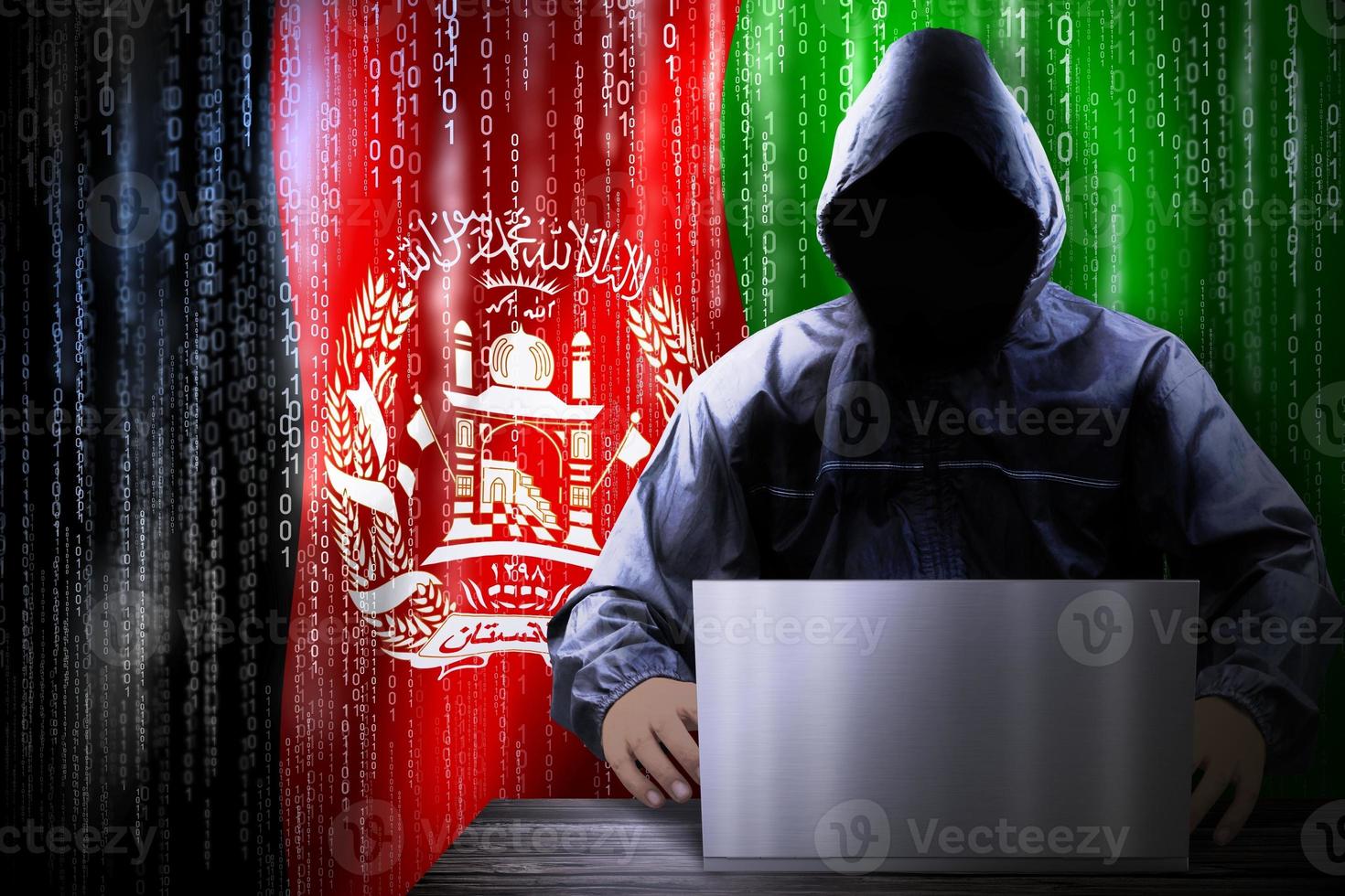 Anonymous Hooded Hacker And Flag Of Afghanistan Binary Code Cyber