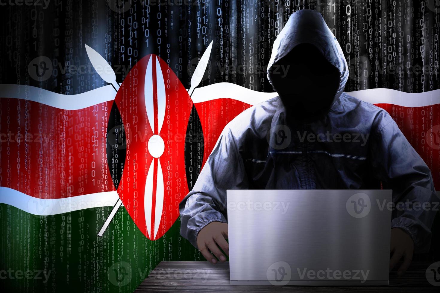 Anonymous Hooded Hacker and Flag Of Kenya, Binary Code - Cyber Attack Concept 21572160 Stock ...
