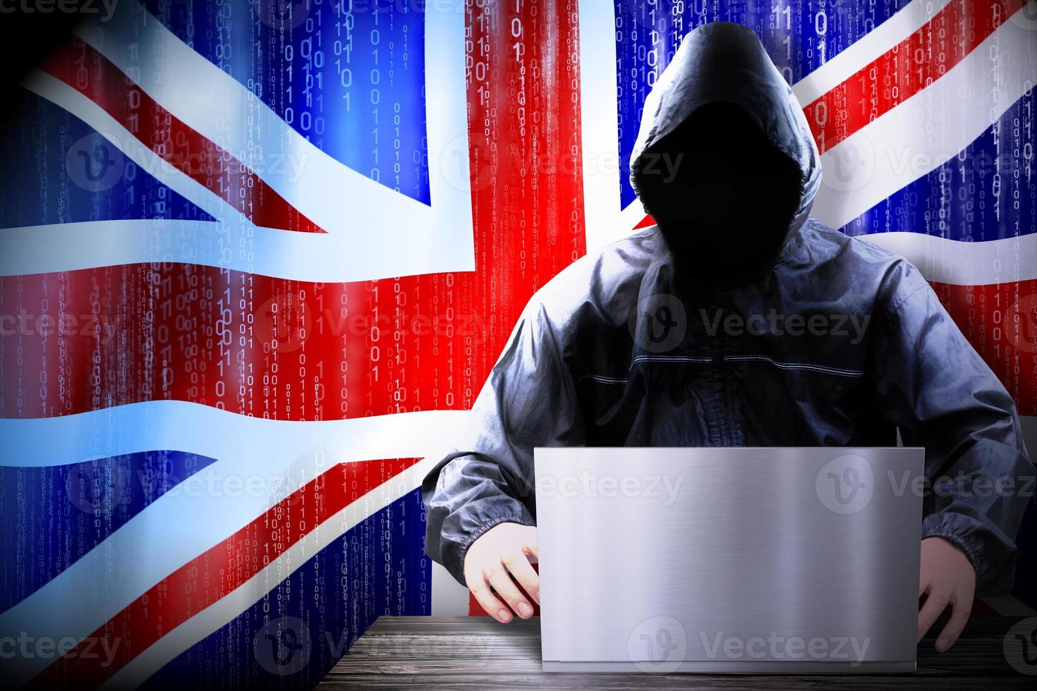Anonymous Hooded Hacker and Flag Of United Kingdom, Binary Code - Cyber Attack Concept 21572170 ...