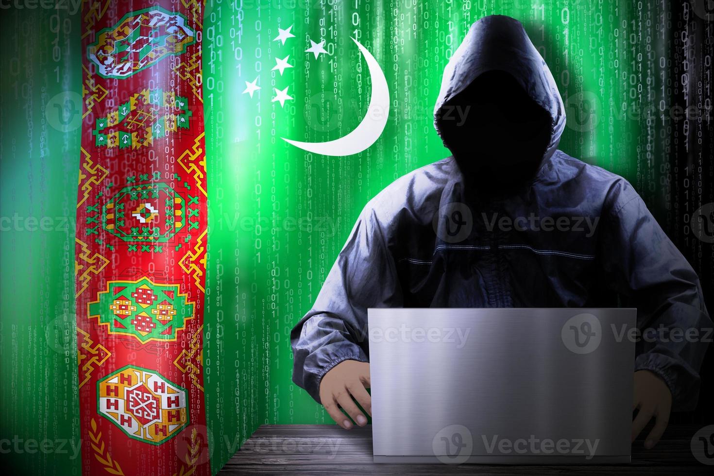 Anonymous Hooded Hacker And Flag Of Turkmenistan Binary Code Cyber