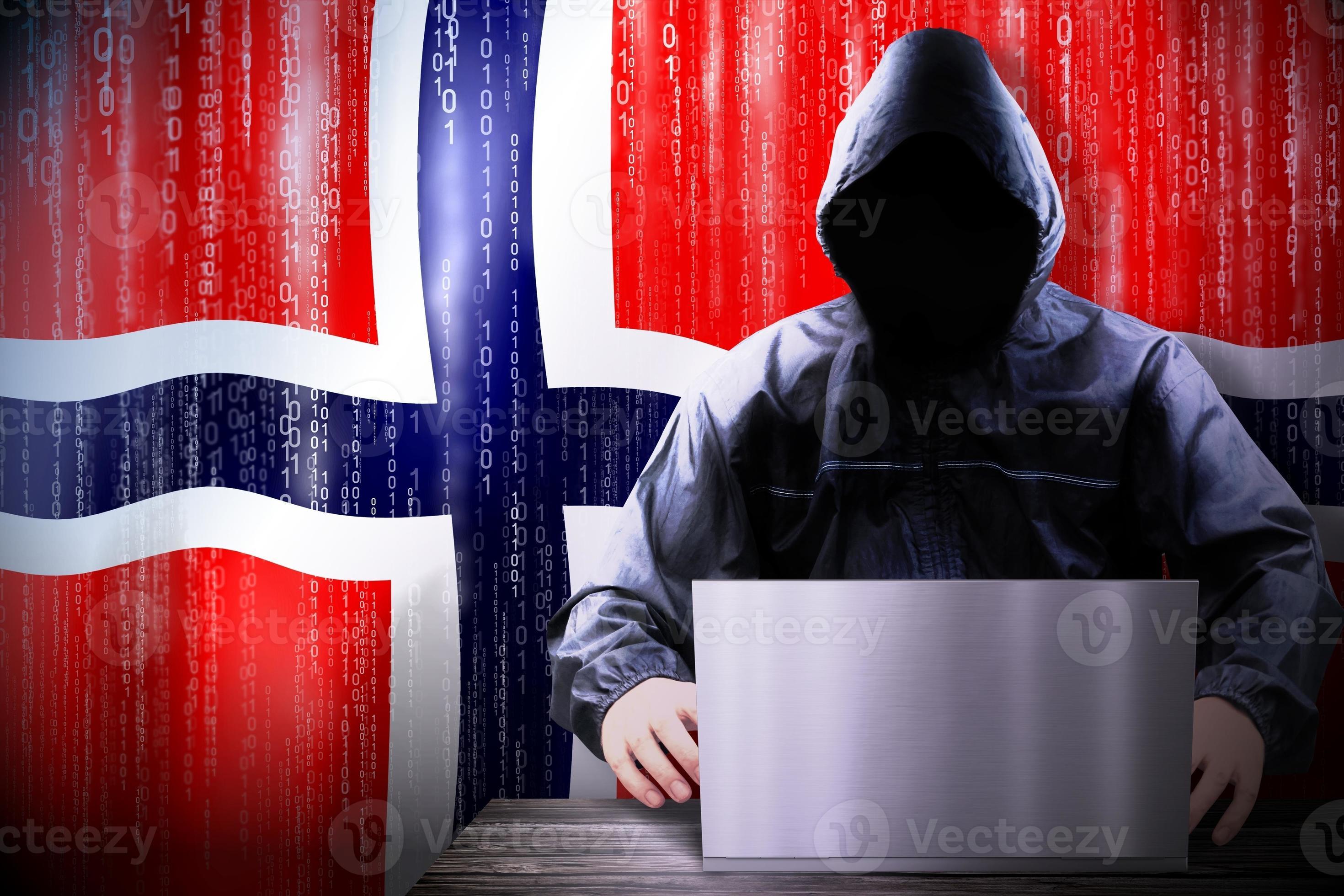 Anonymous Hooded Hacker And Flag Of Norway Binary Code Cyber Attack