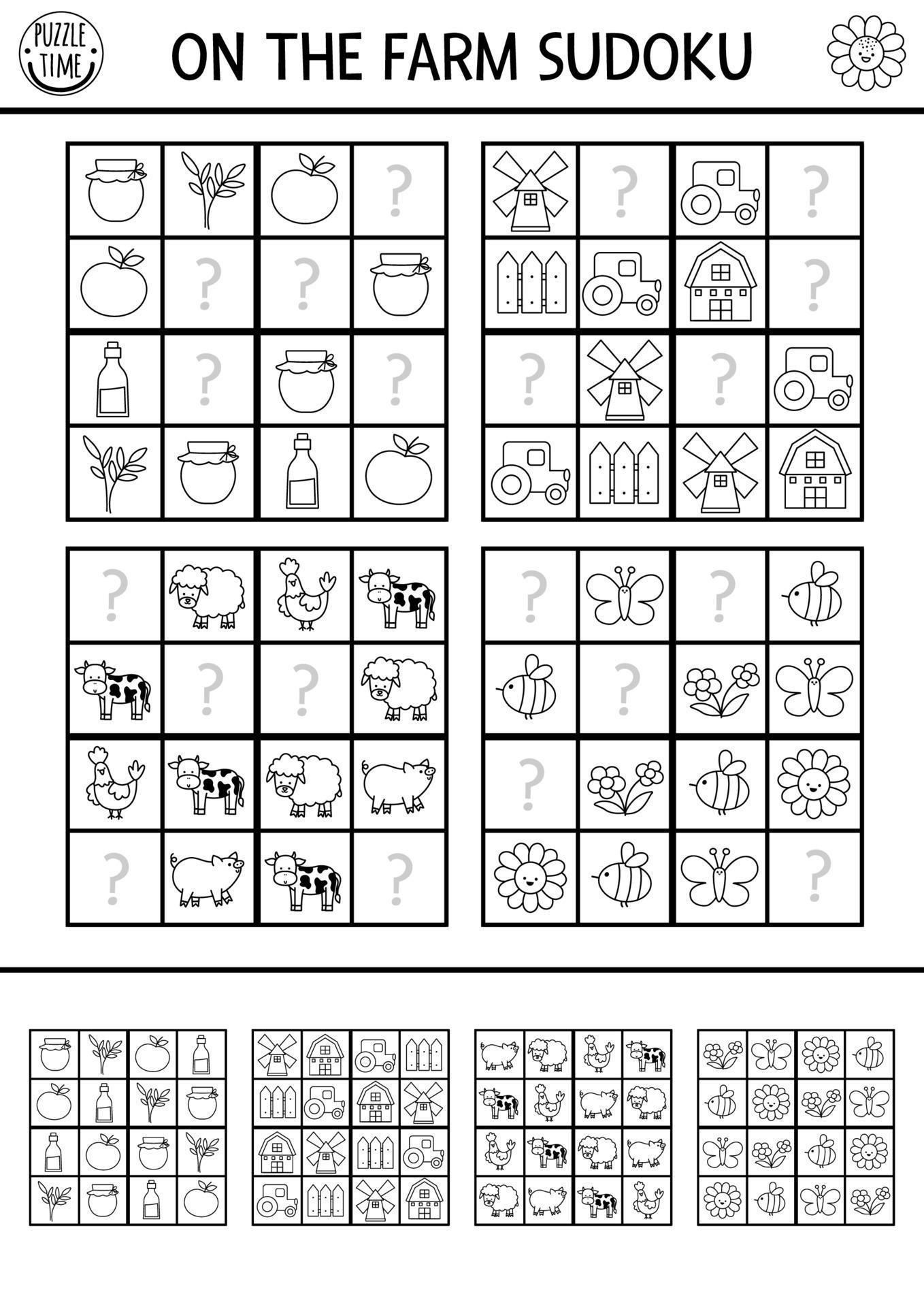 Vector farm sudoku black and white puzzle for kids with pictures ...