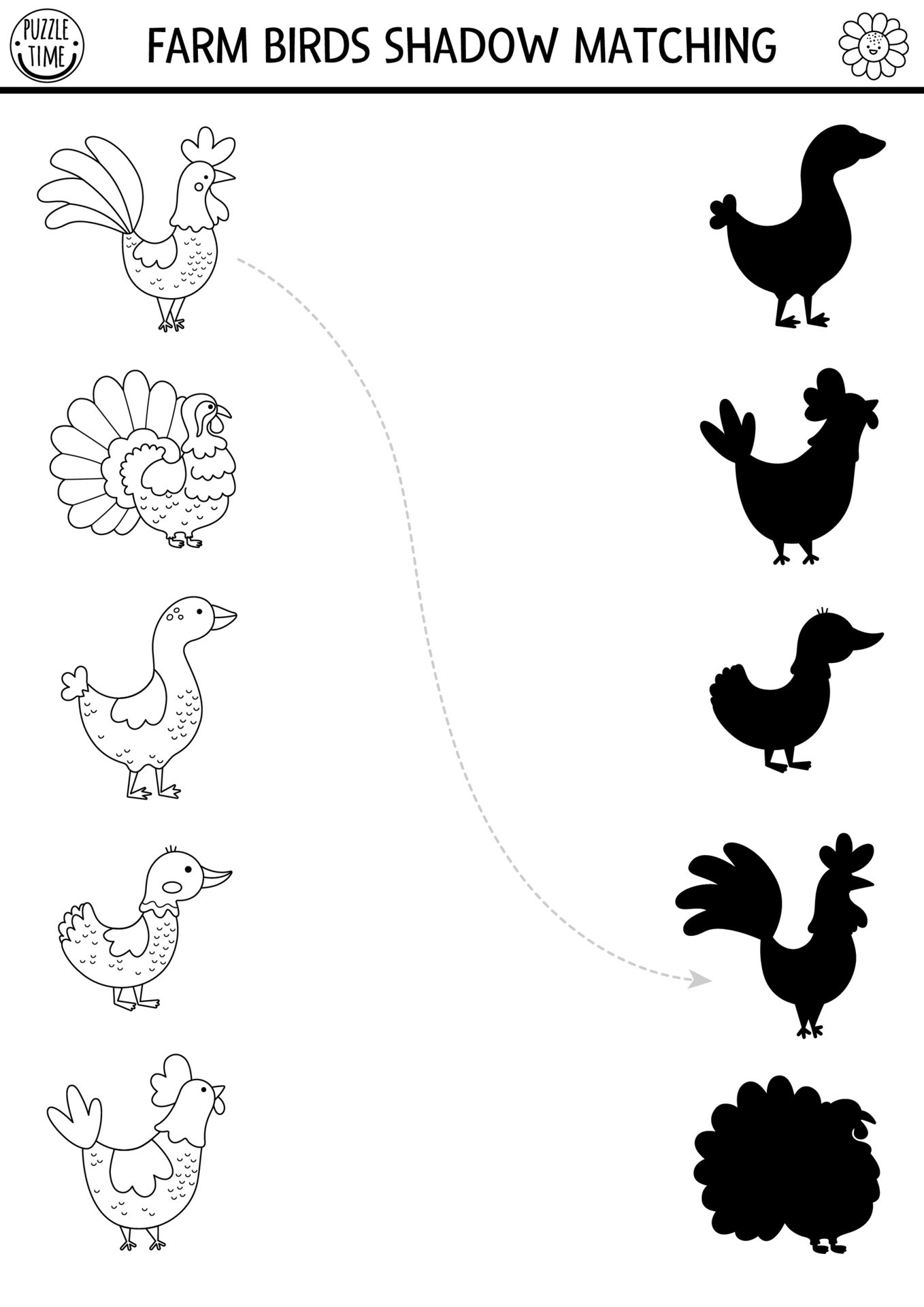 Black and white farm shadow matching activity with birds. Country ... Black and white farm shadow matching activity with birds. Country ...