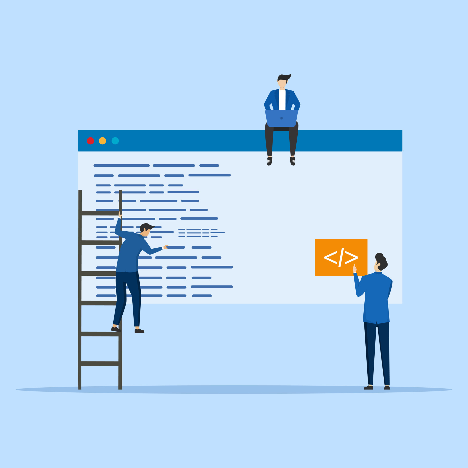 Development process concept. People characters work together and develop new software ...