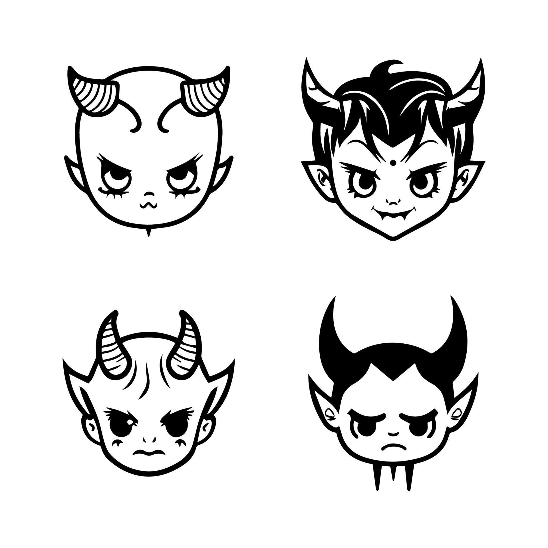 A Collection Of Cute Anime Devil Heads Featuring Various Expressions And Accessories Hand Drawn