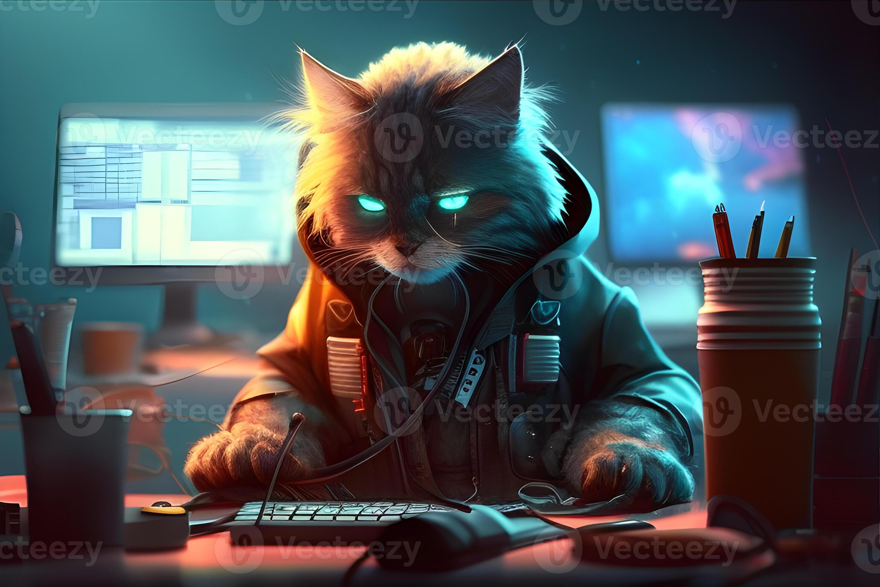 A digital intelligence hacker cat research with a computer. . 21596311 ...