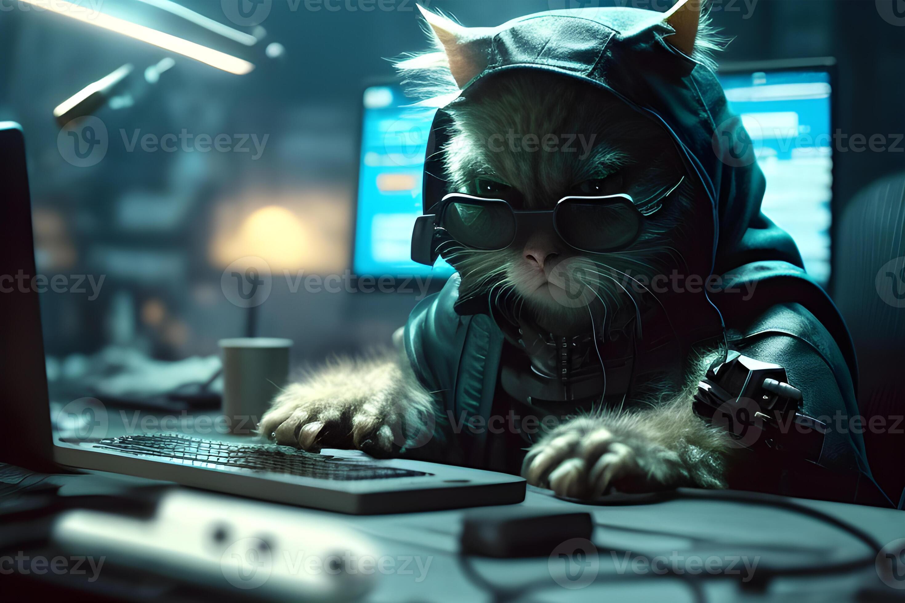 A digital intelligence hacker cat research with a computer. . 21596317 Stock Photo at Vecteezy