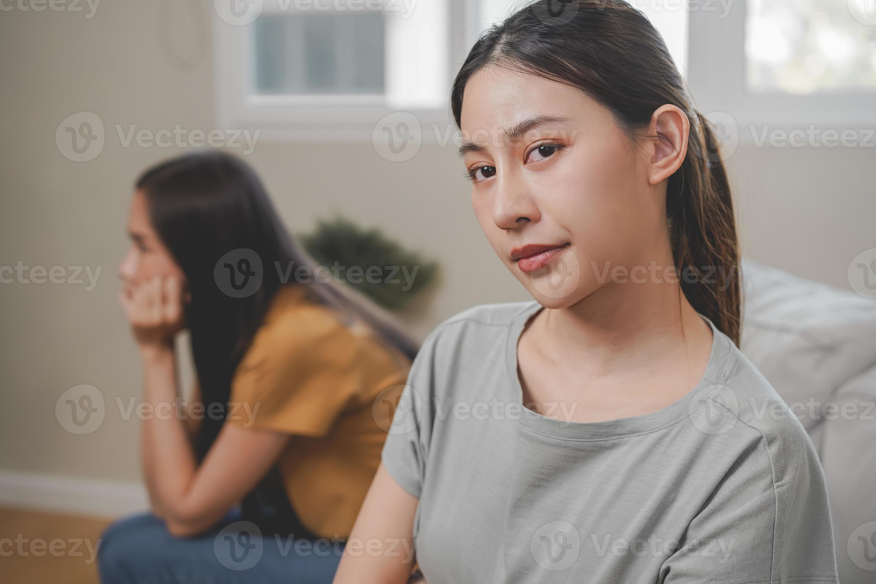 Unhappy Lesbian Lgbt Asian Young Two Women Girl Gay Couple Love
