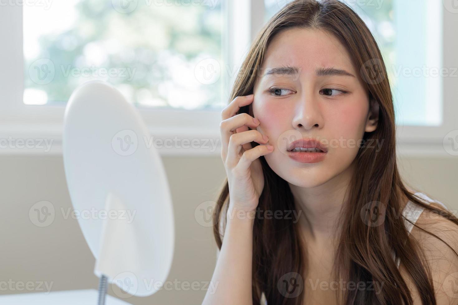Dermatology Puberty Asian Young Woman Girl Looking Into Mirror