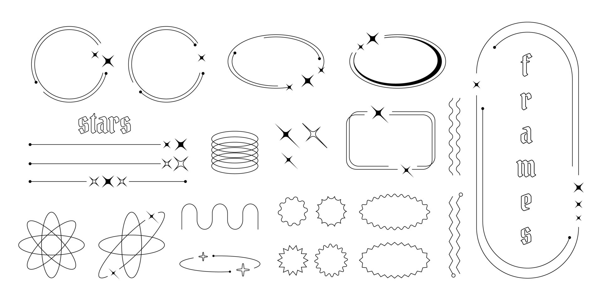 Set of Y2K border line frames with stars, labels, stickers, abstract ... Set of Y2K border line frames with stars, labels, stickers, abstract ...