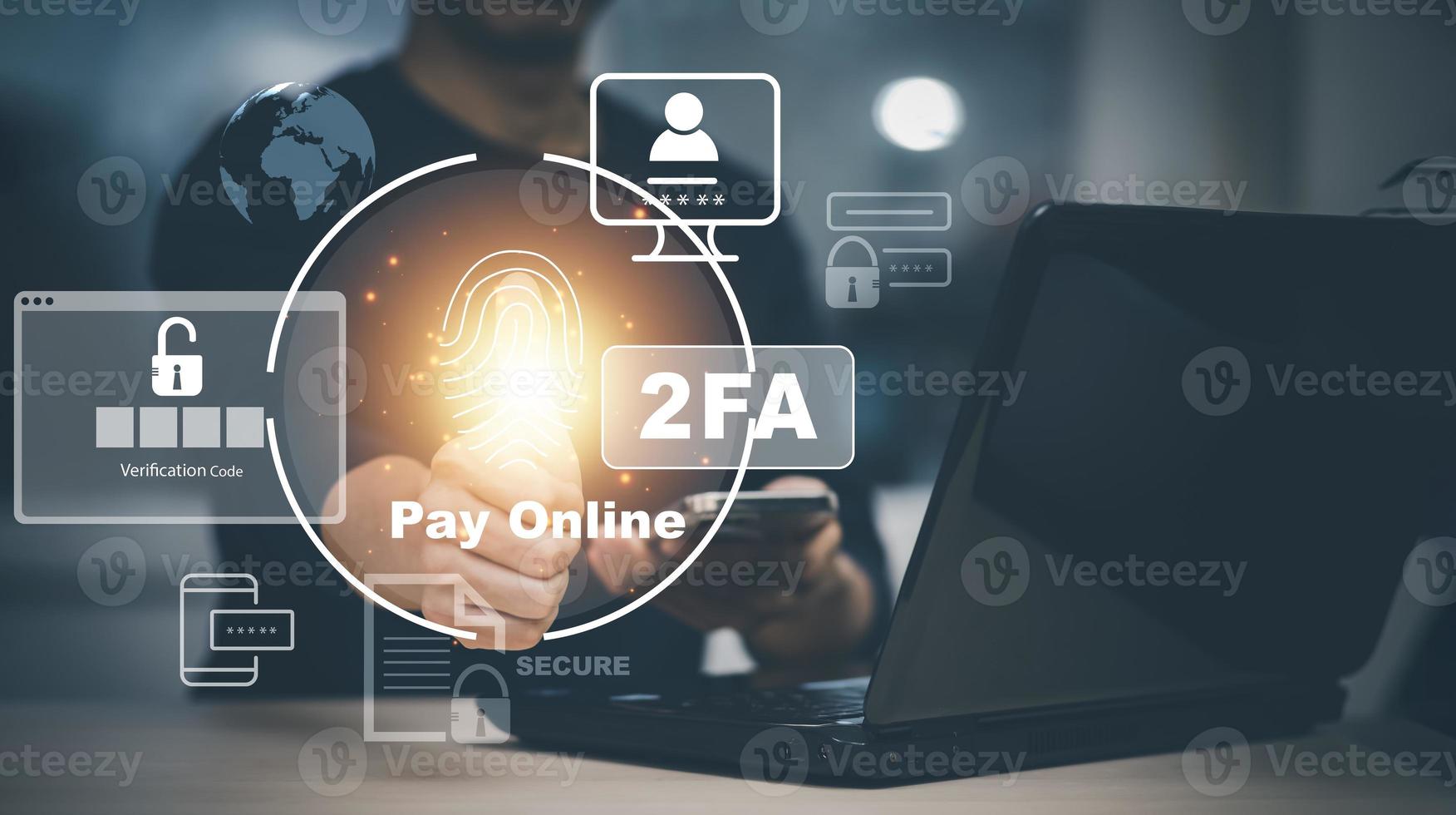 Man Touch Finger Scan With Cybersecurity Privacy Protect Data 2fa