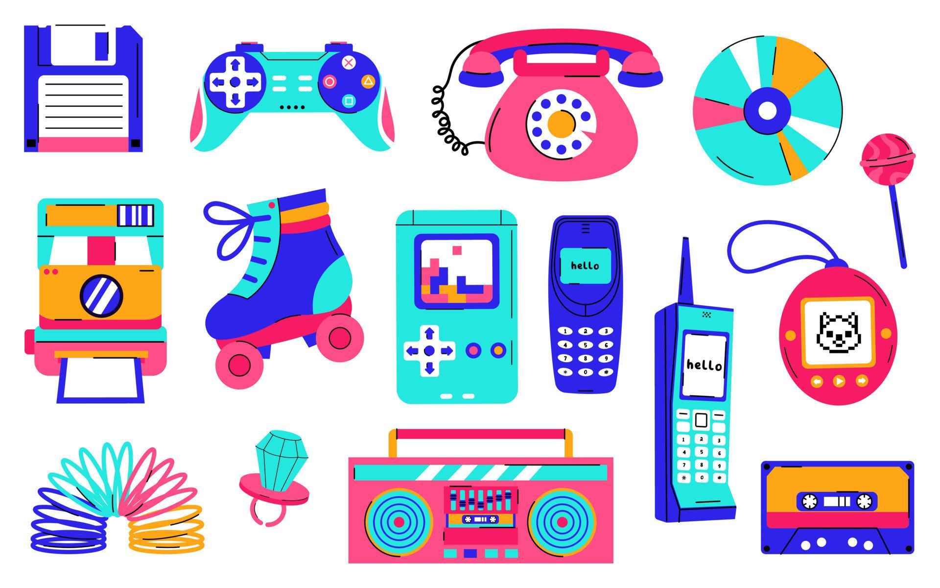 Set of colorful retro pop culture items from 80s and 90s in modern flat ... Set of colorful retro pop culture items from 80s and 90s in modern flat ...
