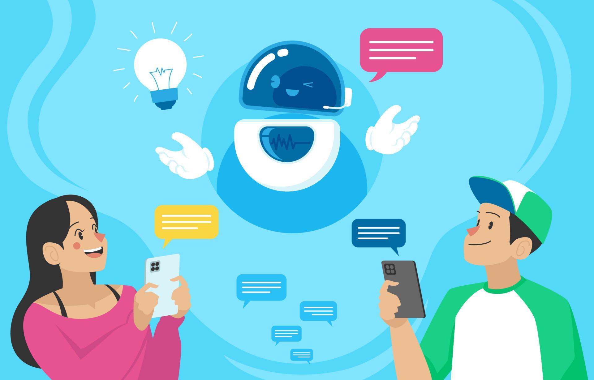Young Girl and Young Man Have a Conversation with Chatbot 21609405 Vector Art at Vecteezy
