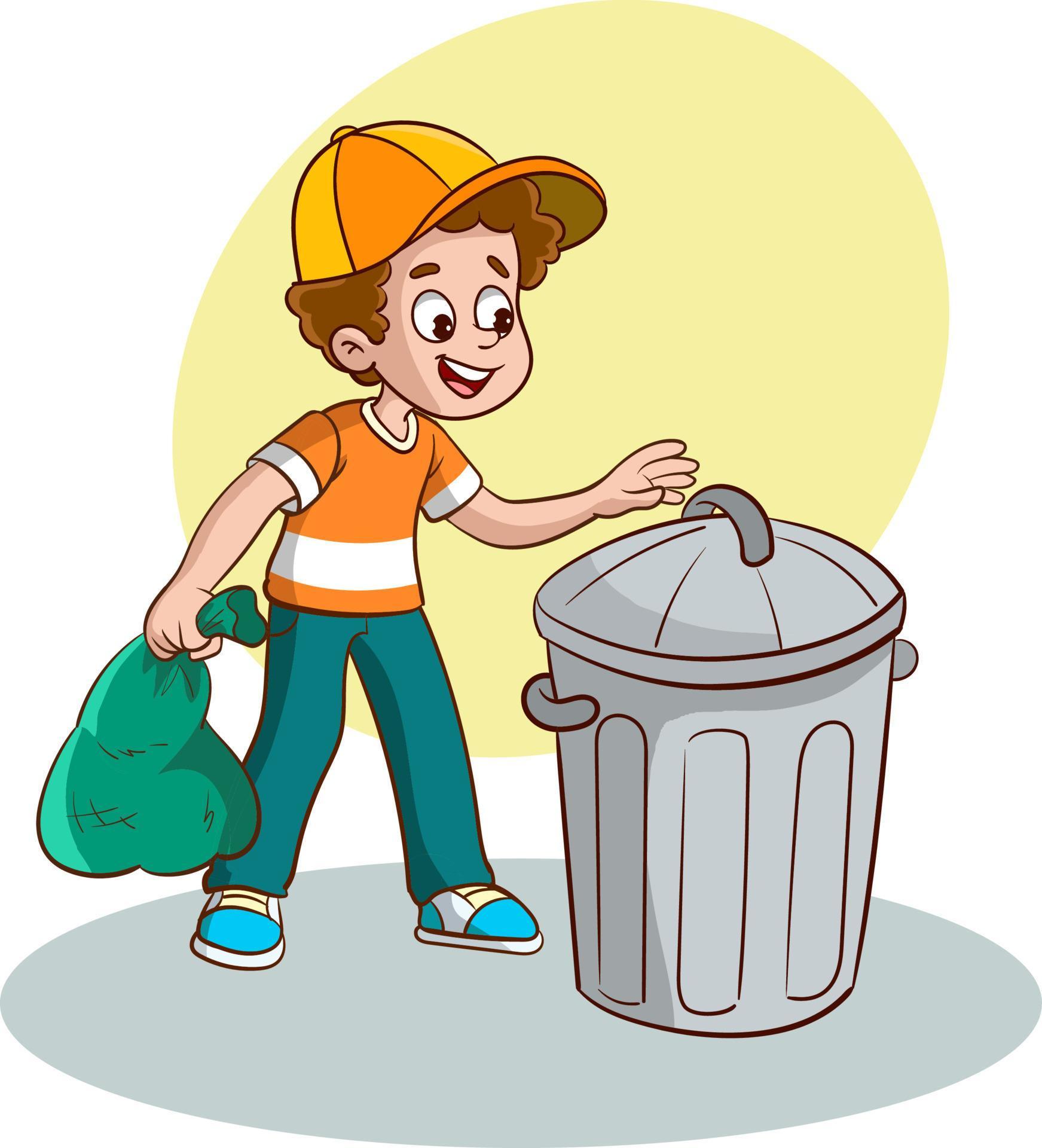 vector illustration of boy throwing garbage in the house.Young boy carry garbage in plastic bag ...