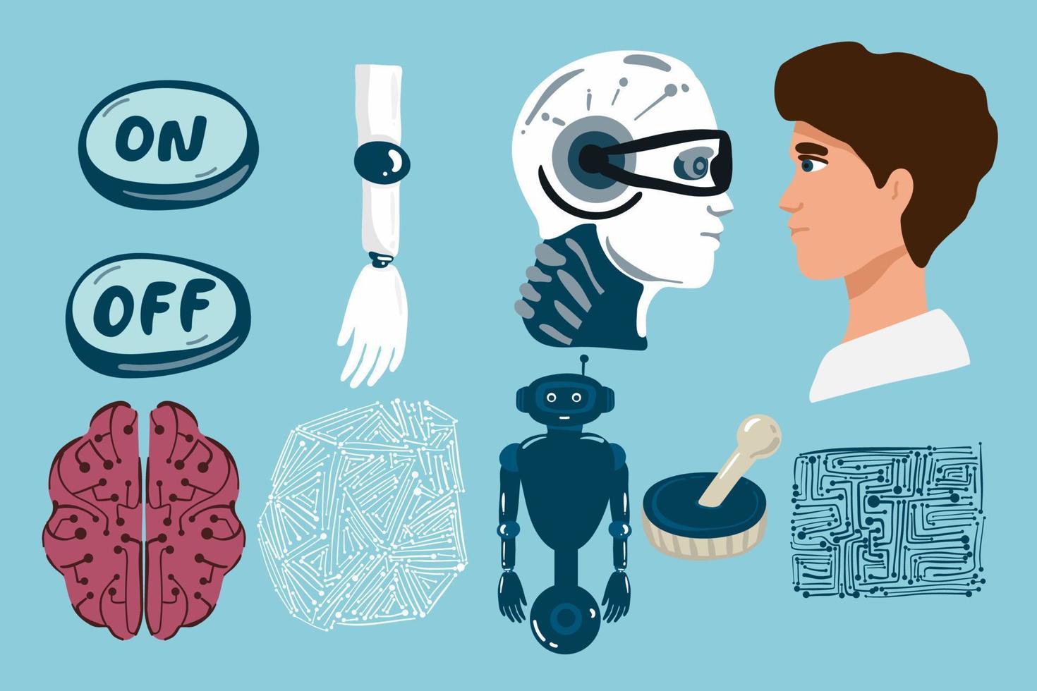 set of Alien robots, future technology cartoon characters. Robotic life ...