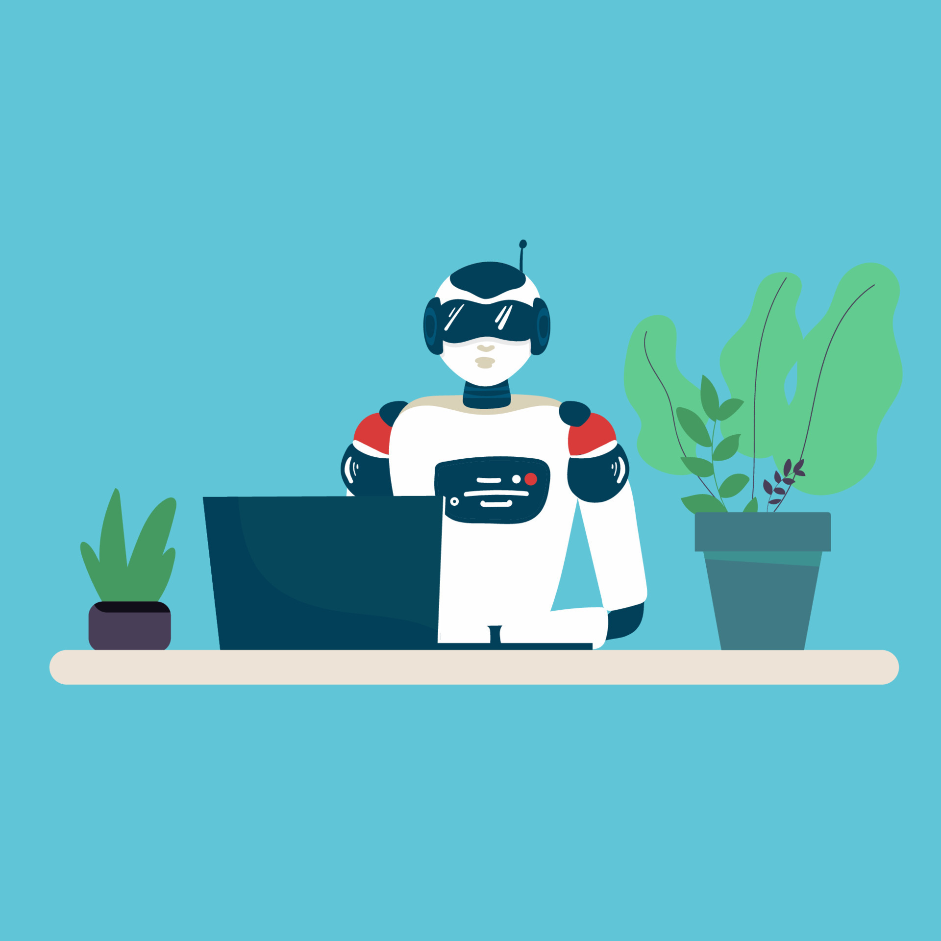 Robot online assistance and machine learning. Flat vector illustration ...