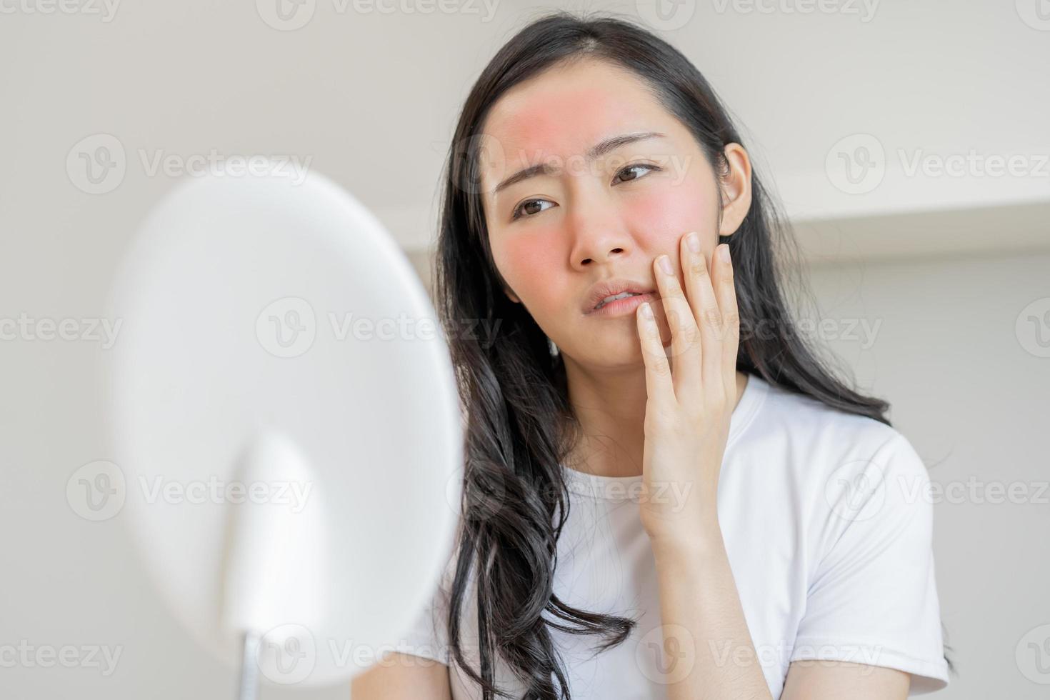 Dermatology Puberty Asian Young Woman Girl Looking Into Mirror
