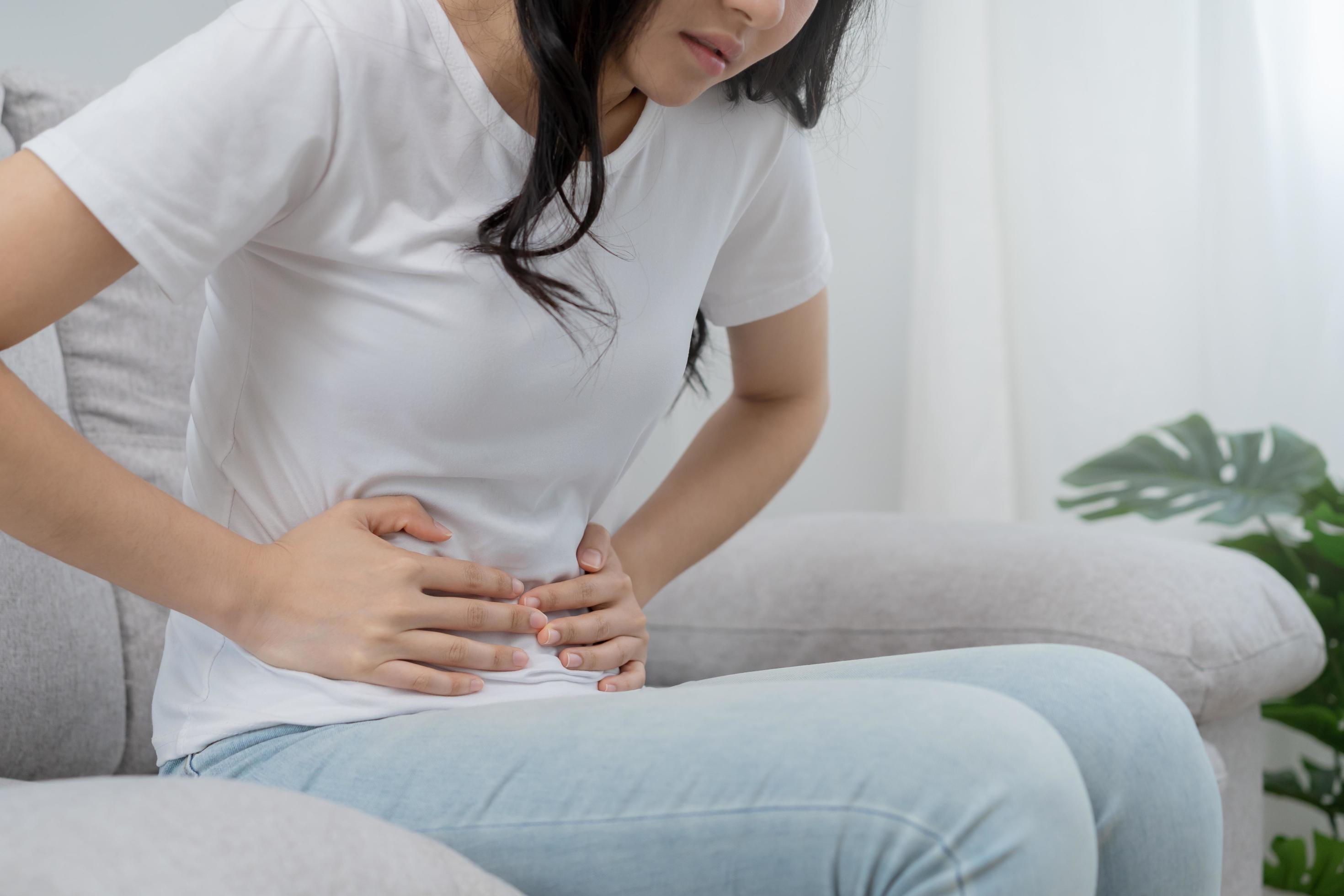Flatulence Asian Young Woman Girl Hand In Stomach Ache Suffer From
