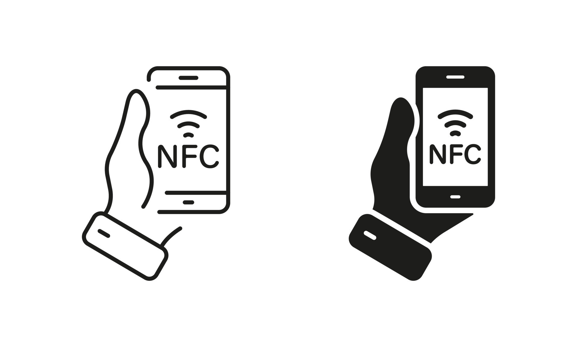 NFC Technology in Mobile Phone Line and Silhouette Icon Set. Hand Hold Smartphone Contactless ...