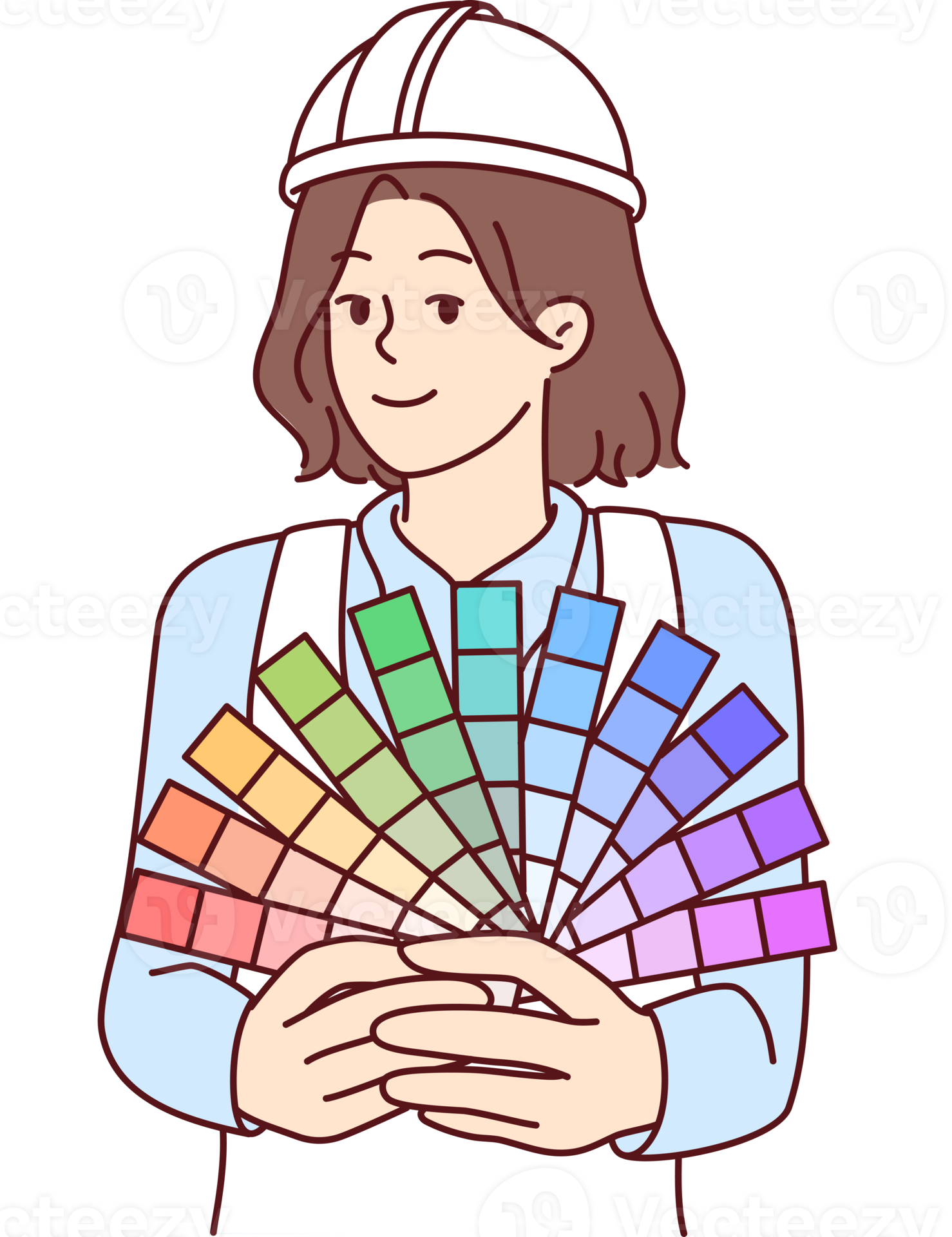 Woman painter holds paper palette offers to choose right color for ... Woman painter holds paper palette offers to choose right color for ...