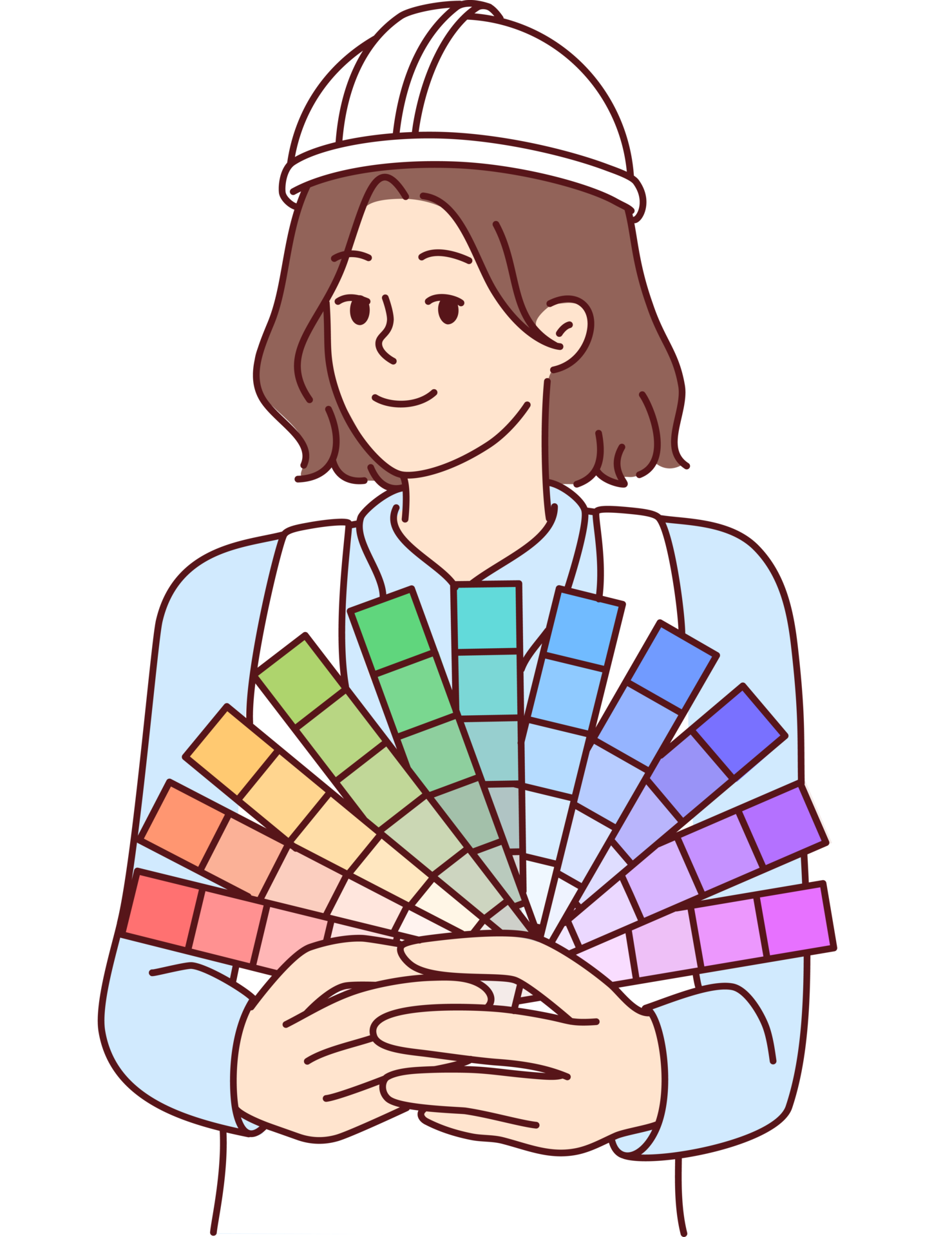 Woman painter holds paper palette offers to choose right color for ... Woman painter holds paper palette offers to choose right color for ...