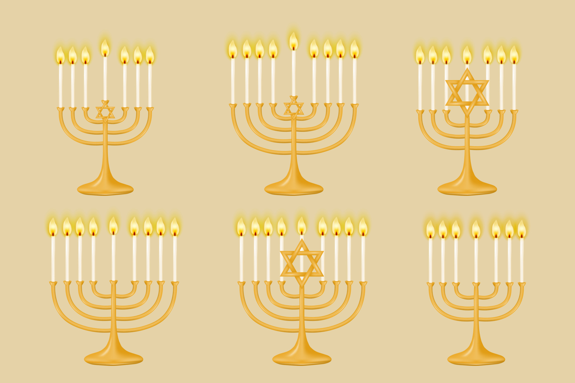 conjunto de oro hanukkiah Menorah para Siete y nueve velas en un beige ...