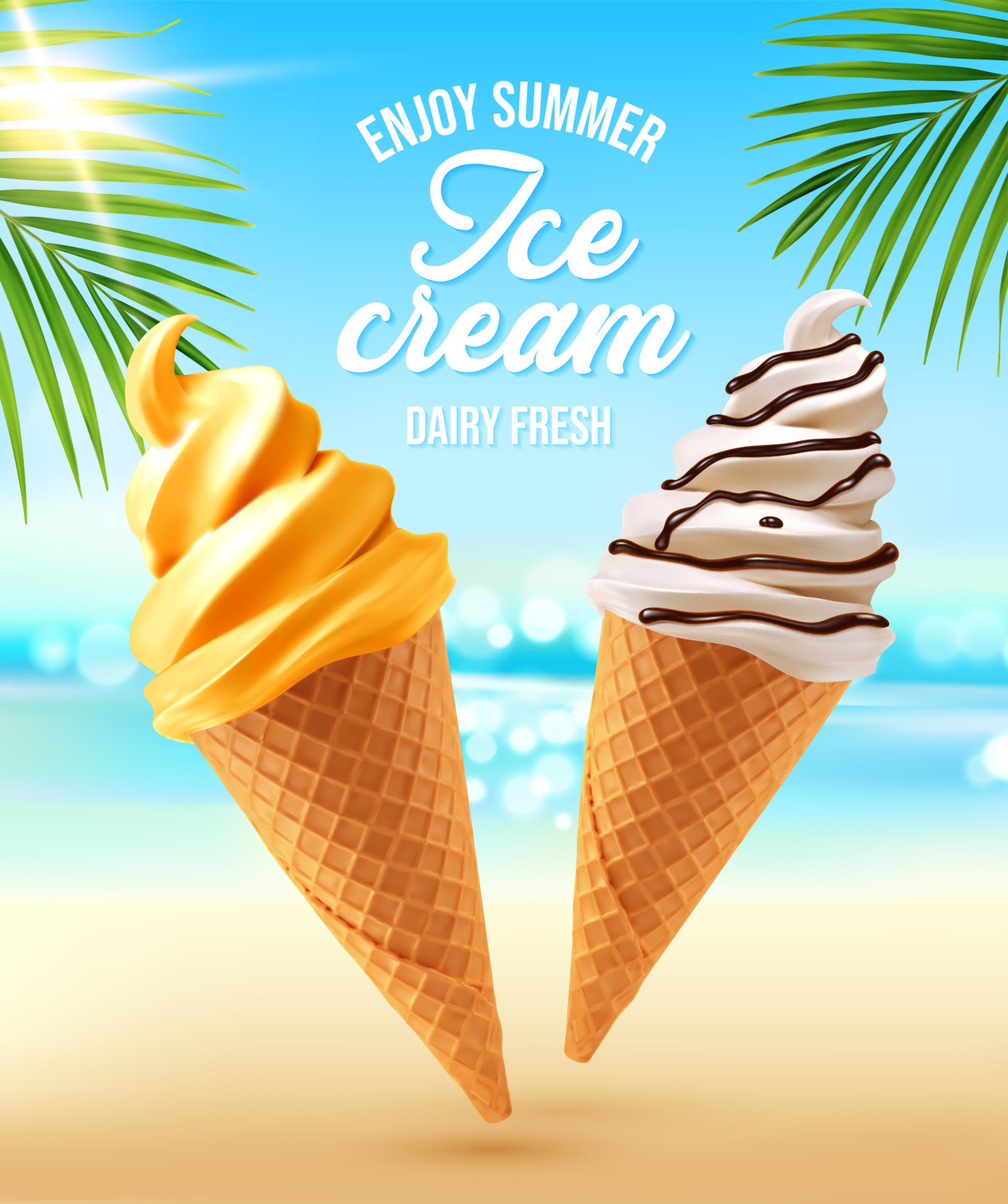 Realistic Ice Cream Cones Summer Beach Landscape 21630149 Vector Art