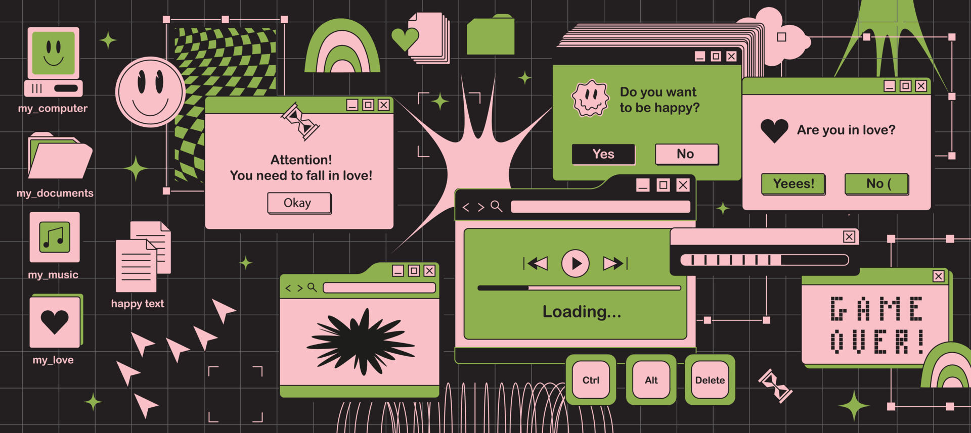 The screen of an old retro PC in the y2k style. Retro wave and ...