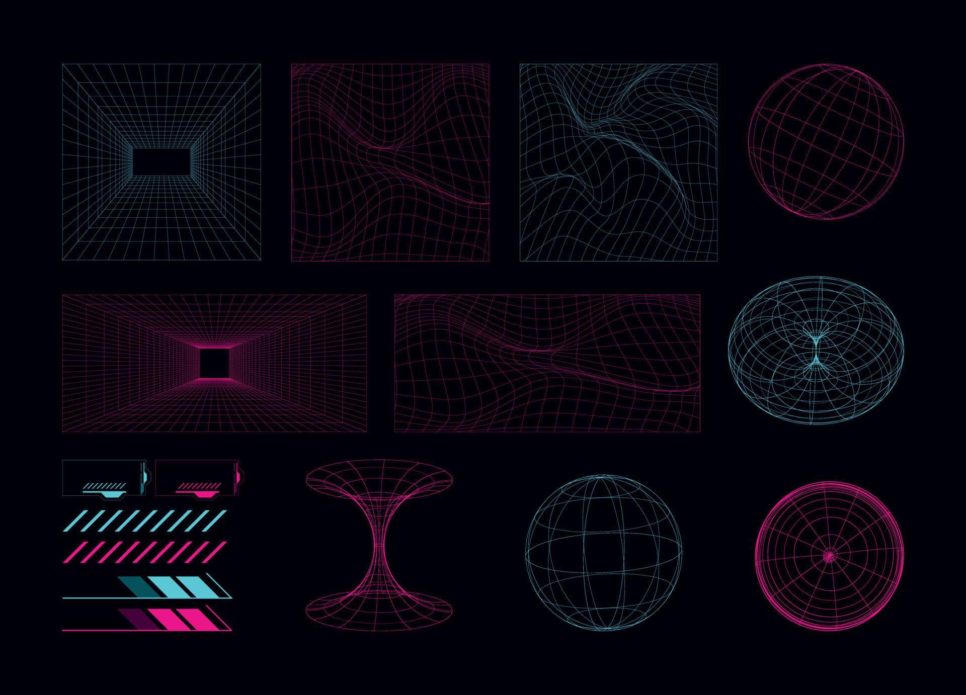 Geometric retro wireframe 3d shapes, futuristic and cyberpunk grid ...