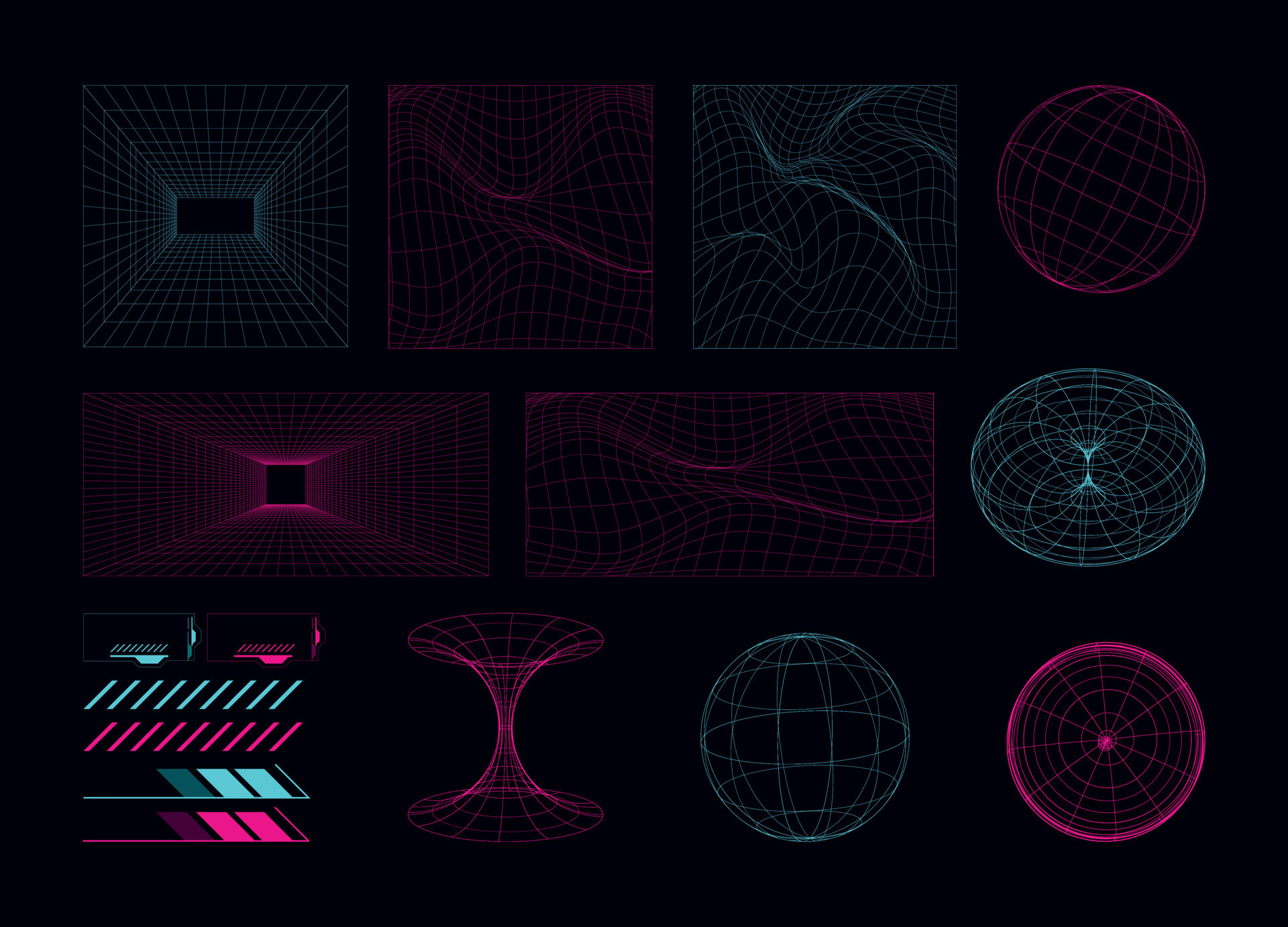 Geometric Retro Wireframe 3d Shapes Futuristic And Cyberpunk Grid Elements With Rave Style
