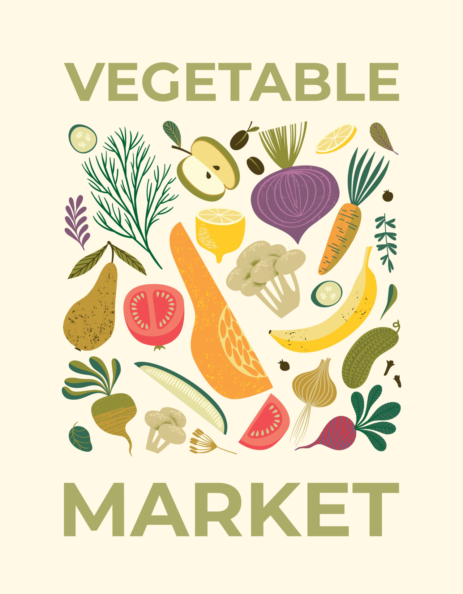 Vector illustration of fruits and vegetables. Healthy food. Design for ...