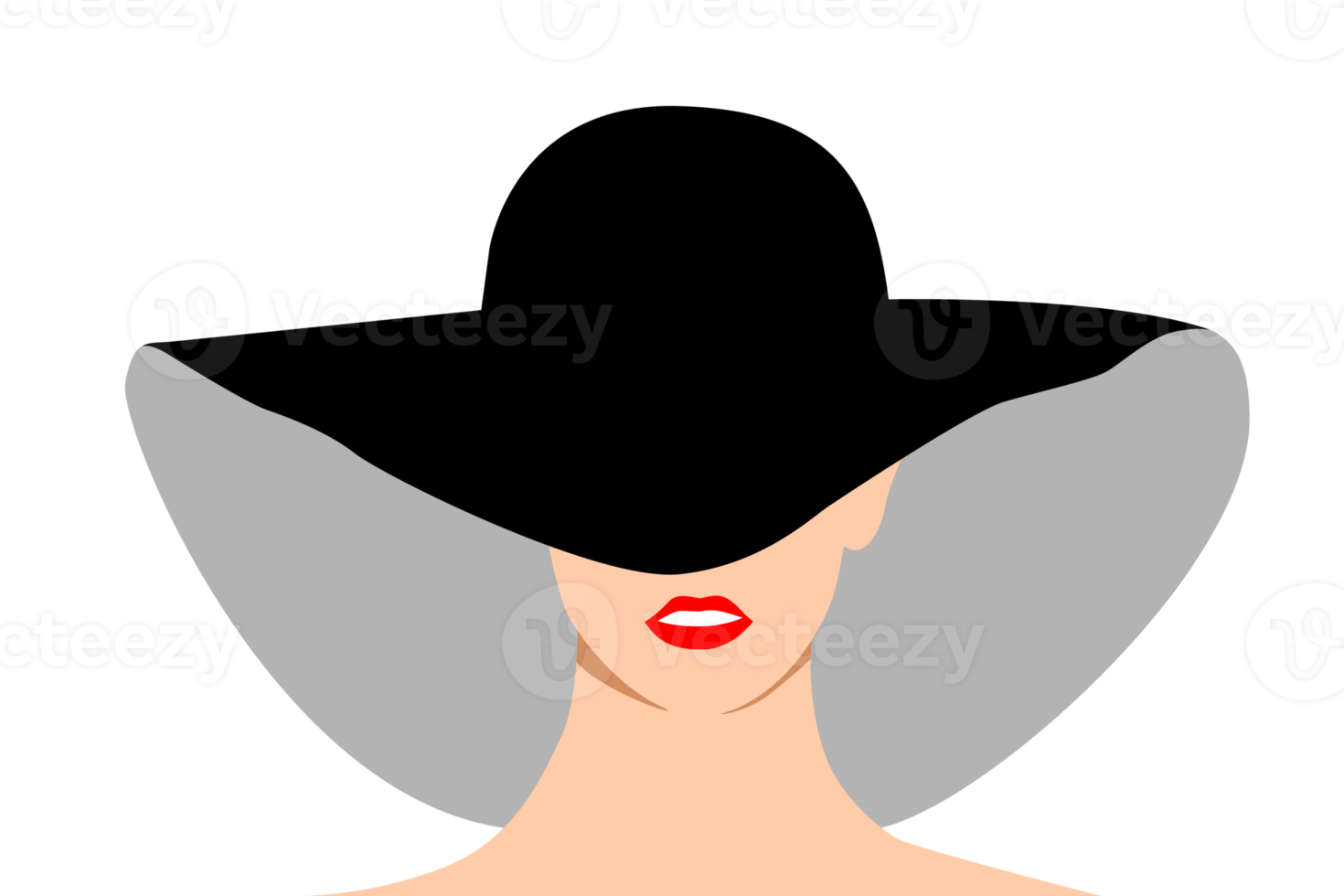 Illustration Portrait Woman Face Wearing Big Hat With Red Lips