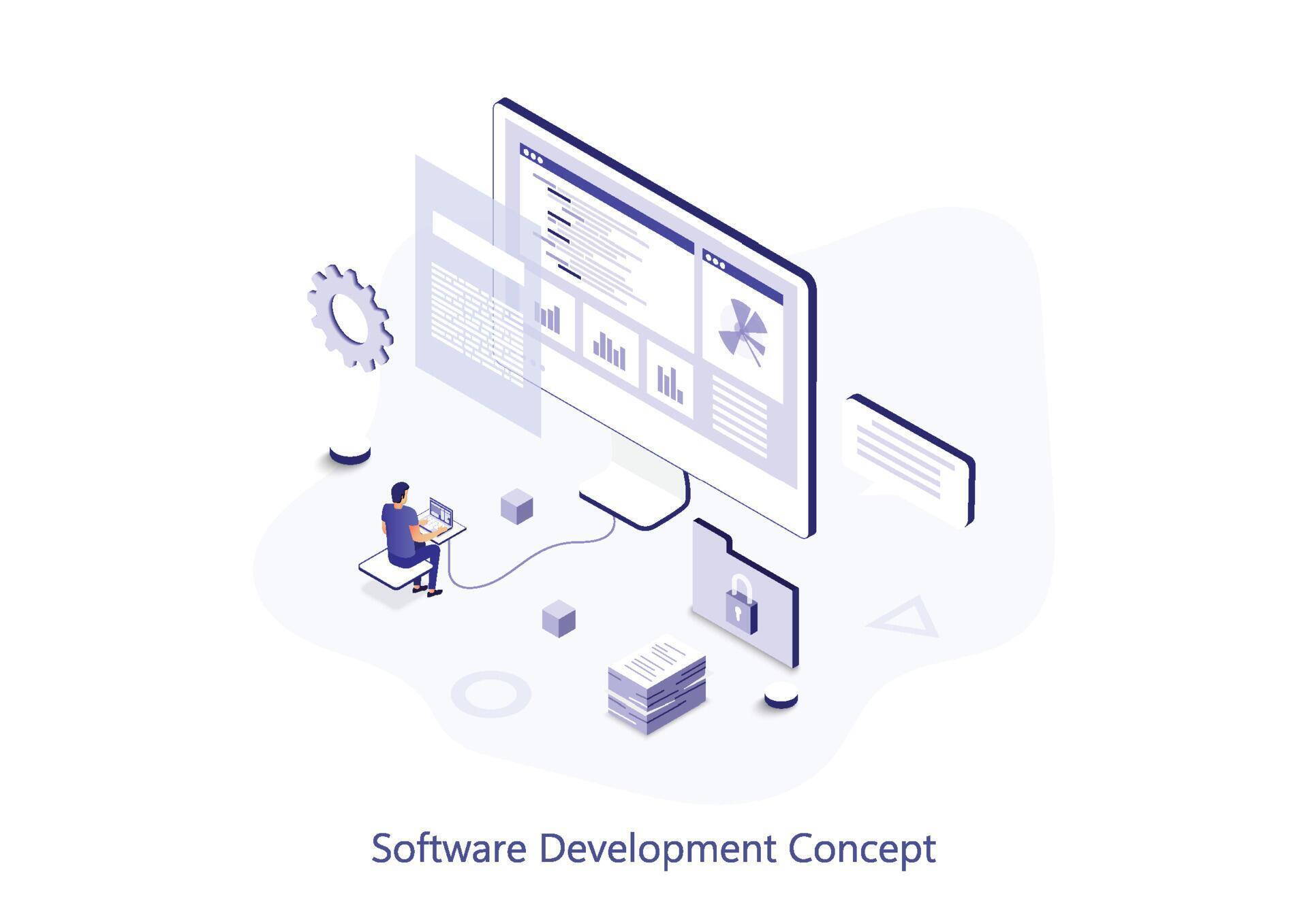 Software development isometric web concept. People program in different ...