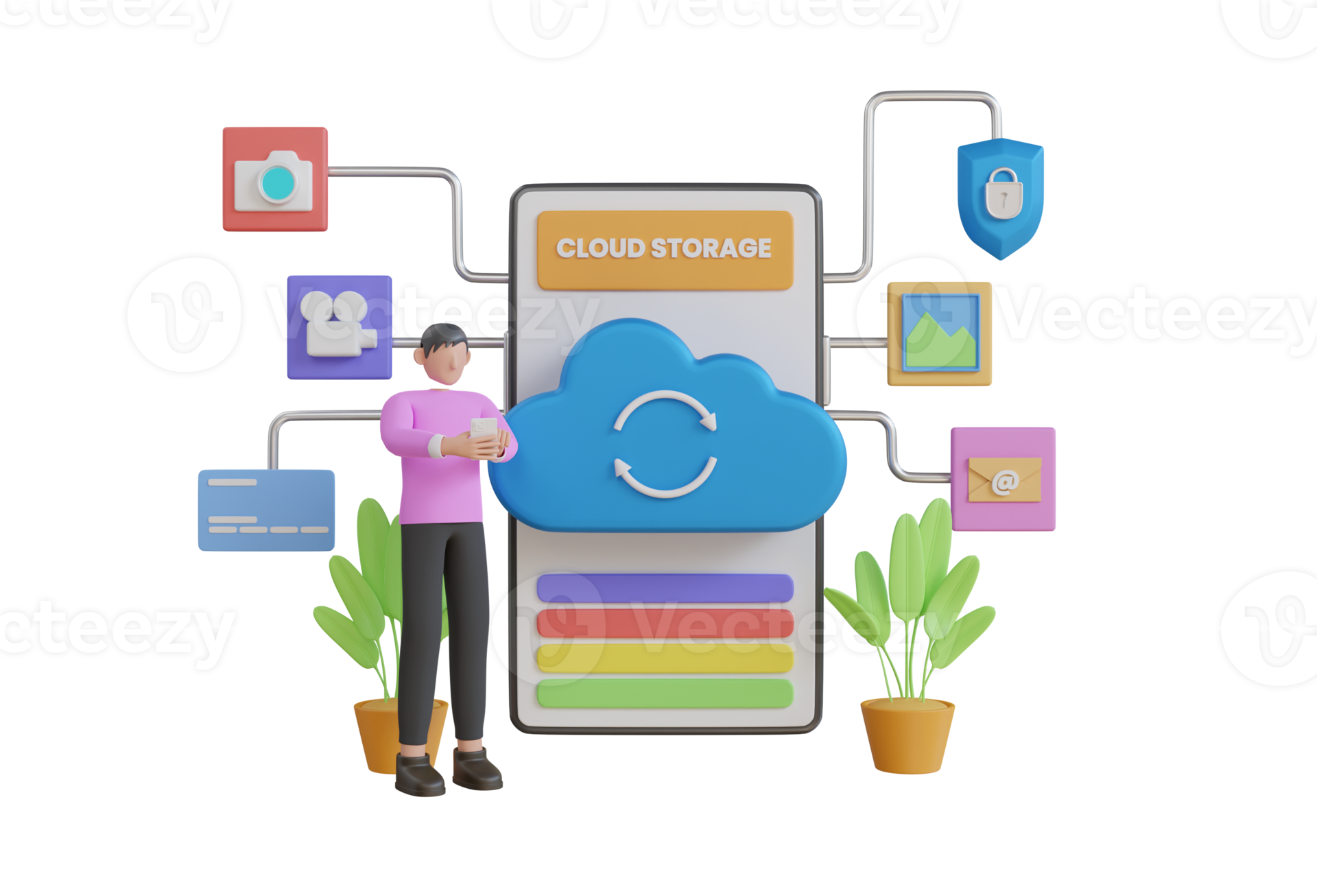 3D Cloud computing upload and download data online service with mobile phone. Mobile application ...