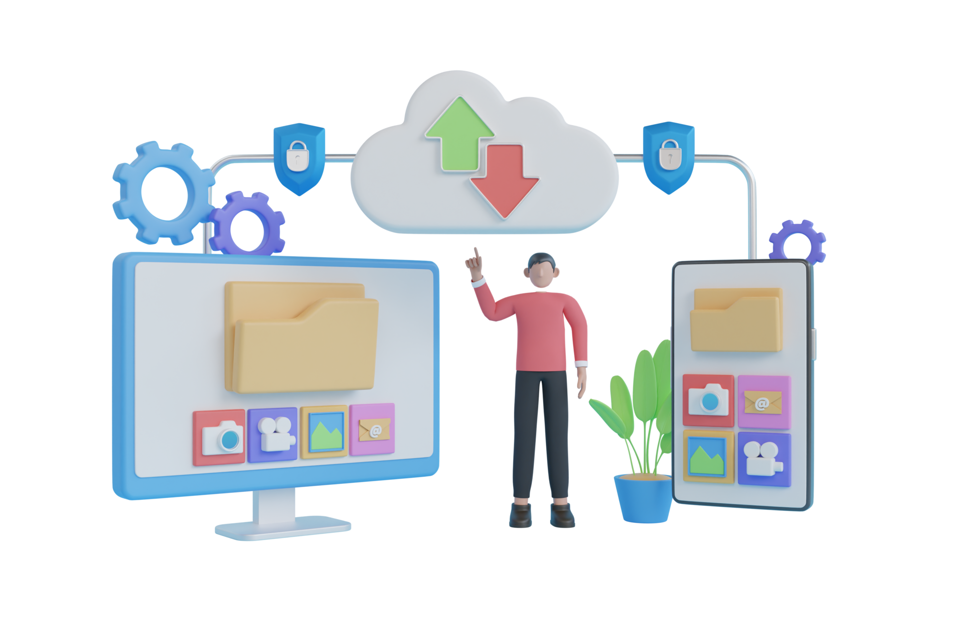 3D Illustration of Sending Files from Mobile Phone to Laptop. Transferring Digital Documents to ...