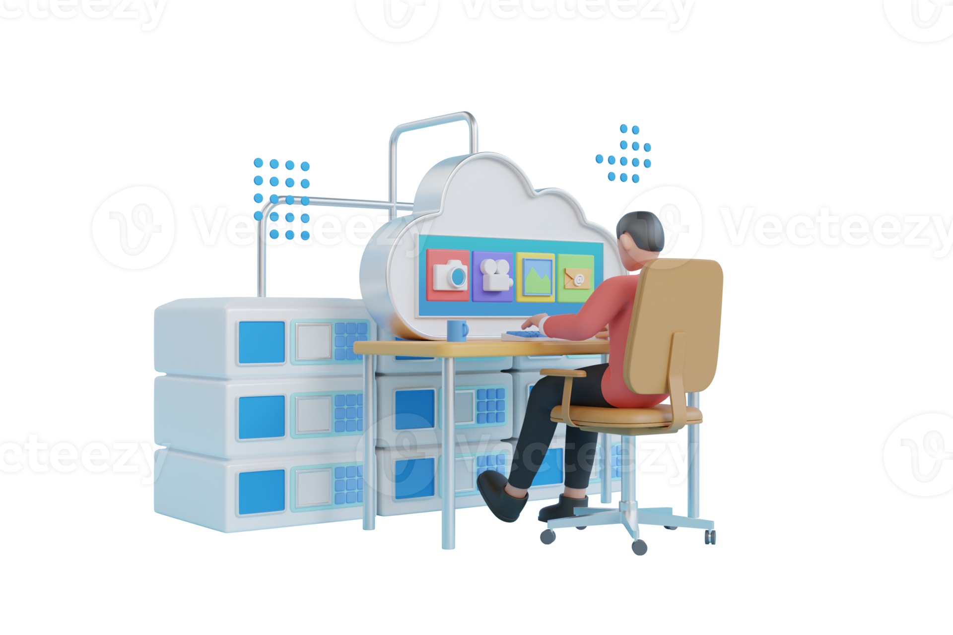 3d Cloud Storage Library Shelf And People On The Ladders Upload Download Folder Data Disc