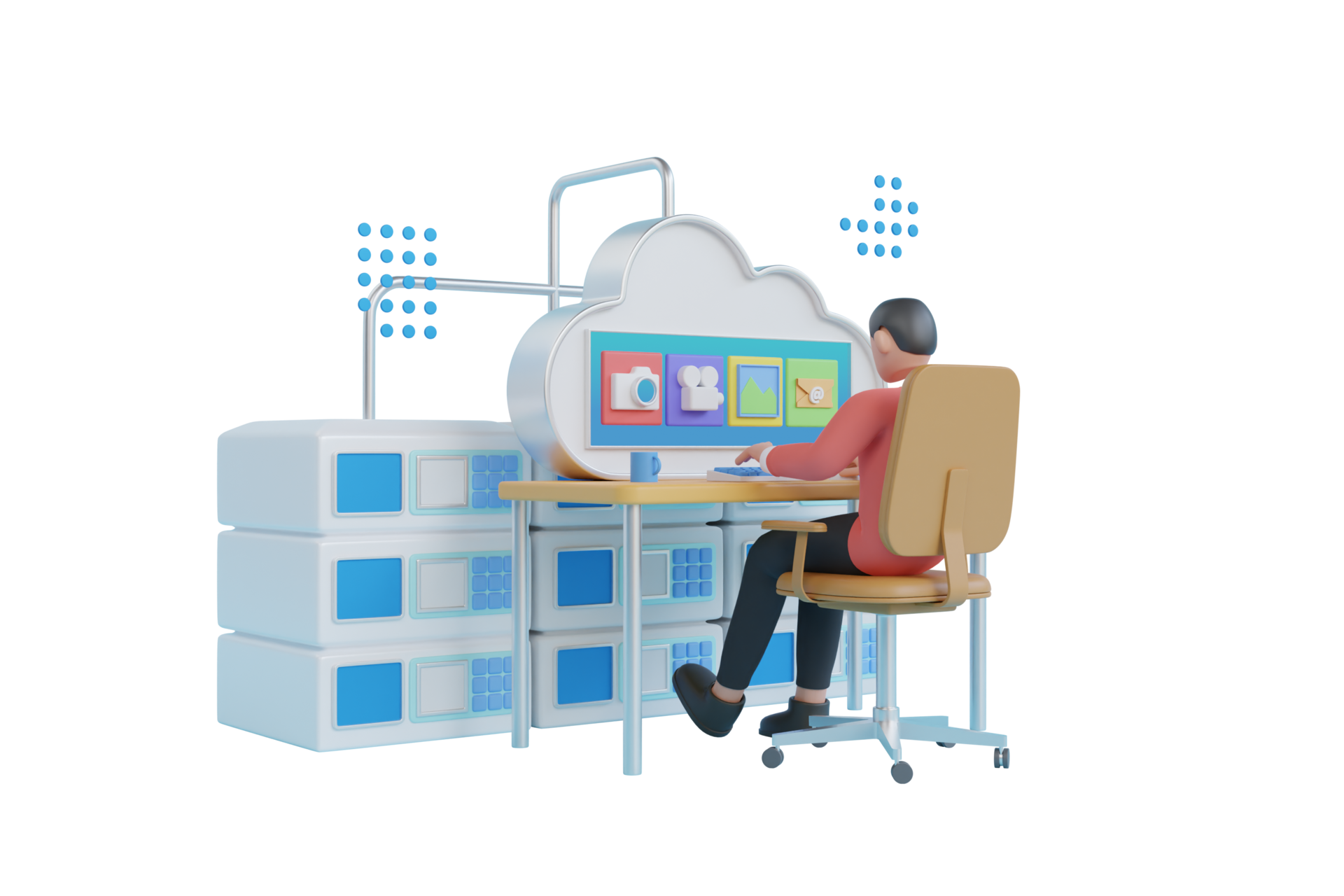 3D Cloud storage library shelf and people on the ladders upload ... 3D Cloud storage library shelf and people on the ladders upload ...