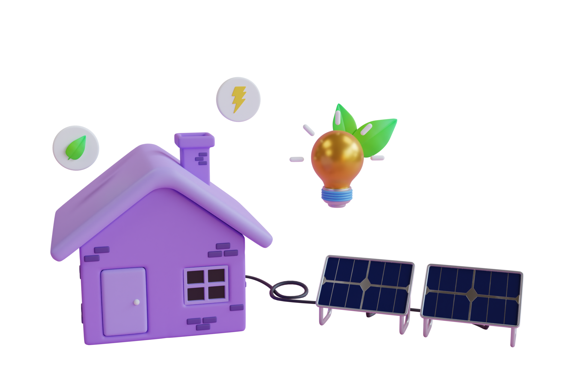 3d illustration of house with solar panels. Electricity green energy clean nature eco saving ...